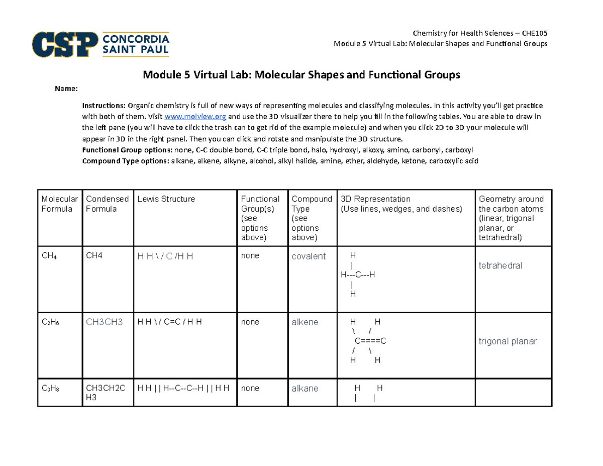 M5 Virtual Lab: Molecular Shapes & Functional Groups Overview - Studocu
