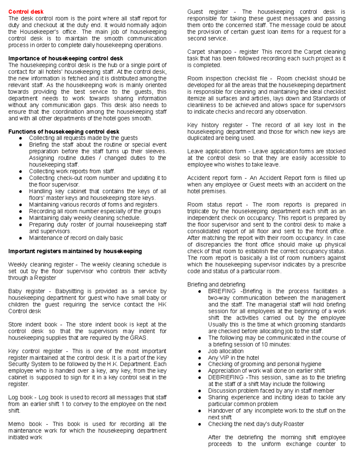 Housekeeping Control Desk Operations - HK Midterm Notes - Studocu