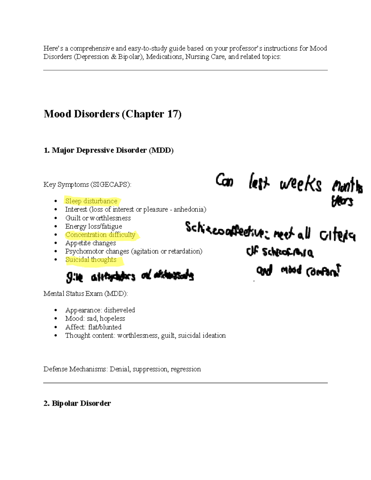 Psychology Notes 2: Mood Disorders & Nursing Care (Chapter 17) - Studocu