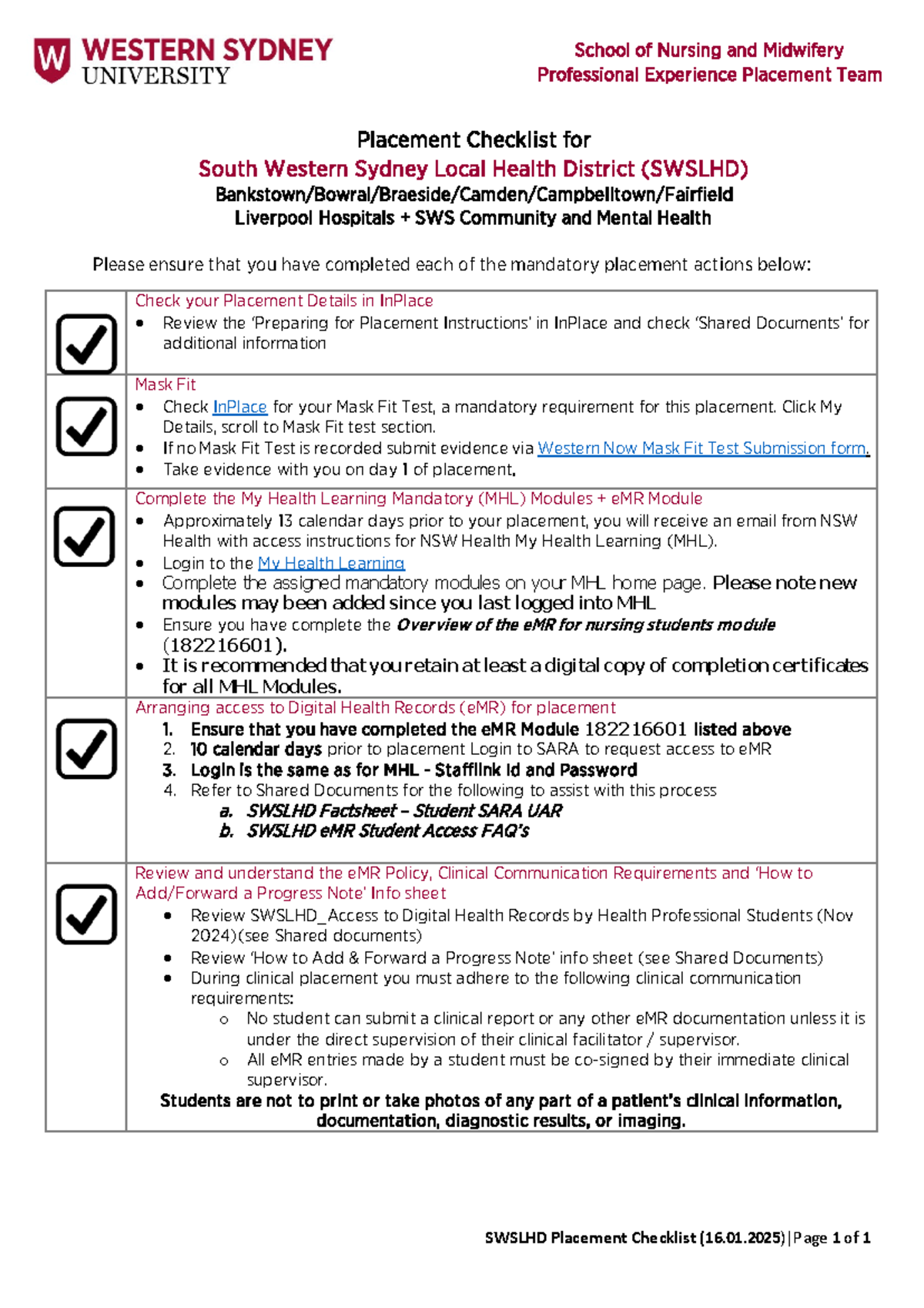 South Western Sydney Local Health District ( Swslhd) Placement ...