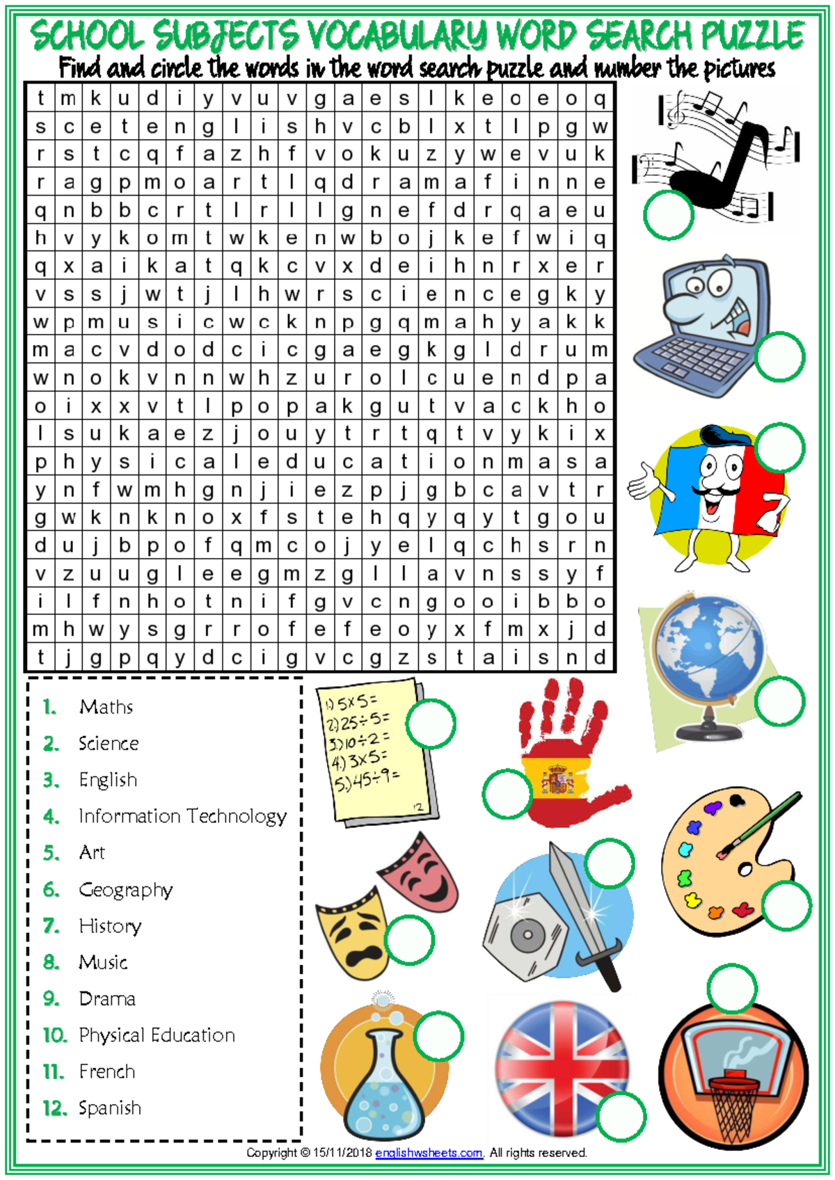 School subjects vocabulary esl word search puzzle worksheet for kids ...