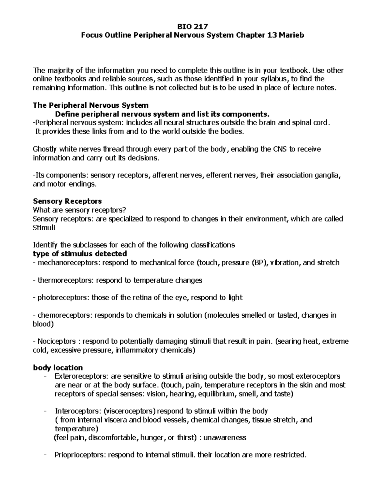 BIO217.02 Focus Outline on Peripheral Nervous System: Chapter 13 Notes ...