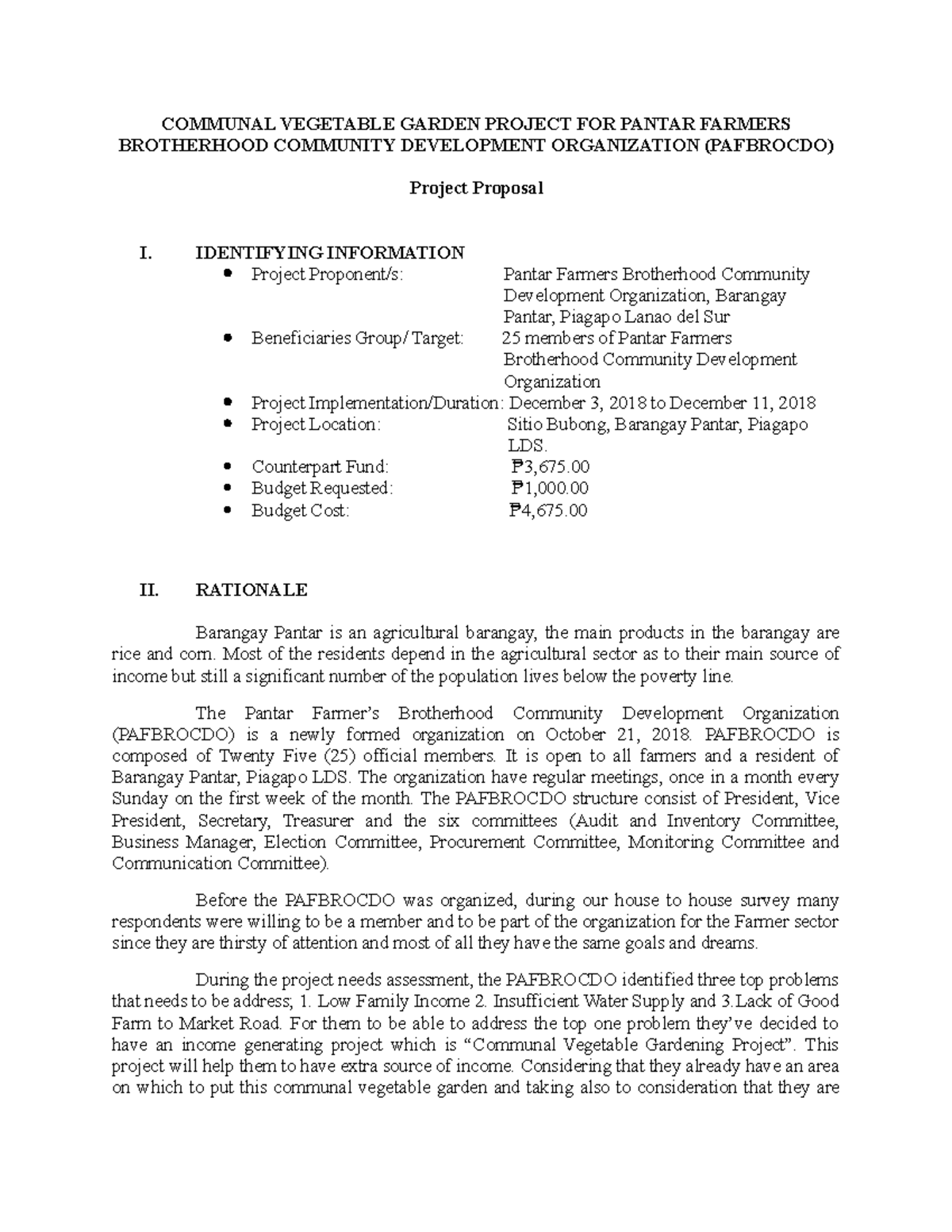 COMMUNAL VEGETABLE GARDEN PROJECT PROPOSAL (PAFBROCDO) - Studocu