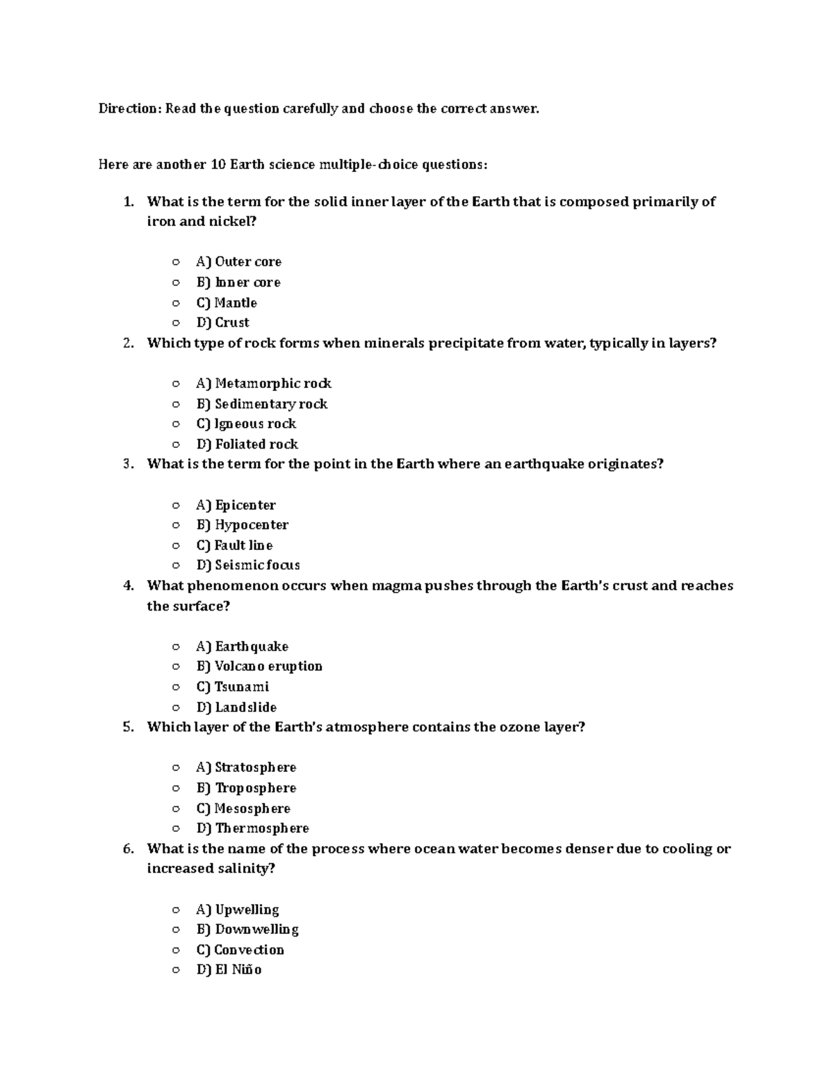 Y76 - Earth Science Quiz: Understanding Geological and Atmospheric ...