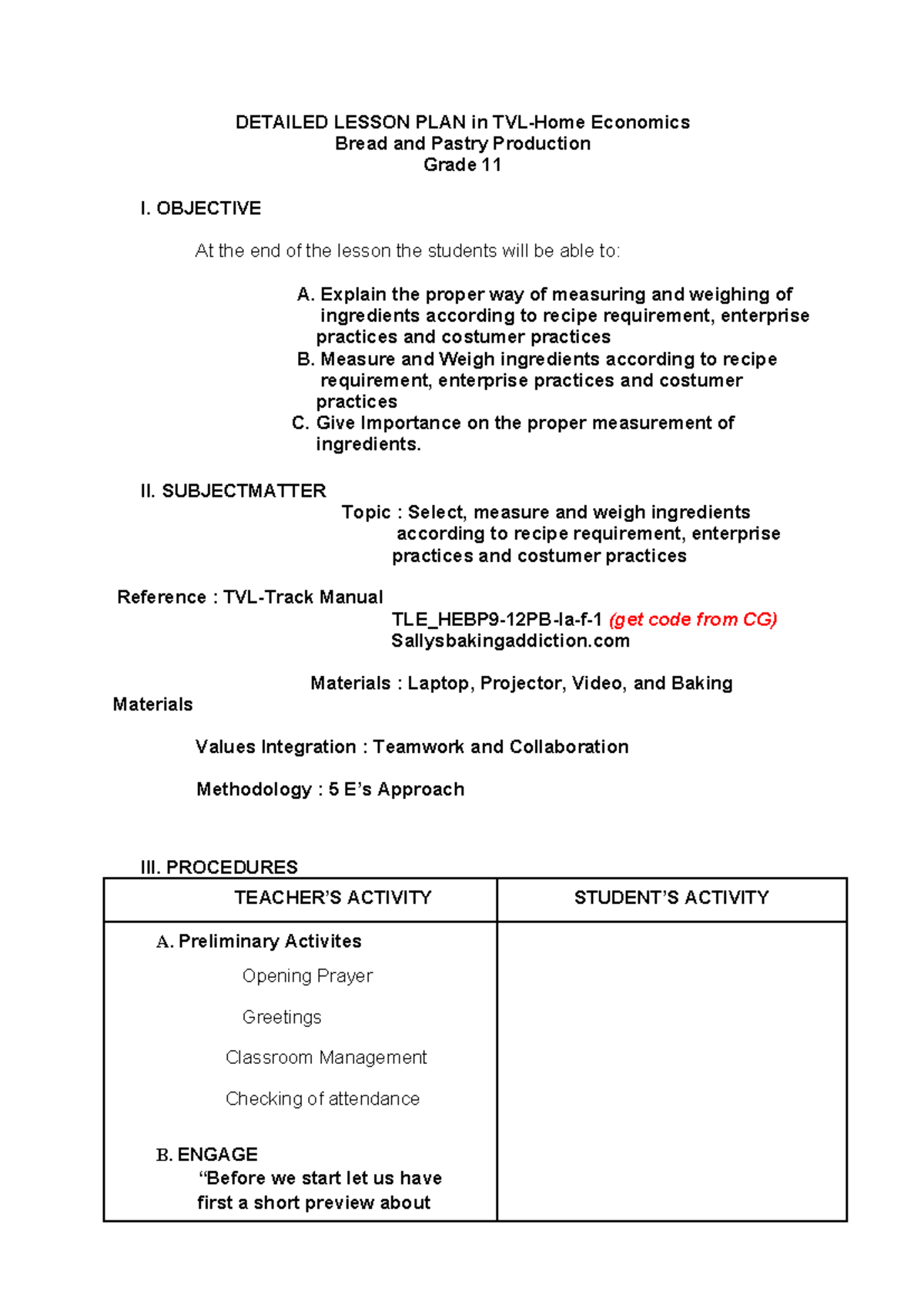 Grade 11 Economics DETAILED LESSON PLAN: Measuring Ingredients in ...