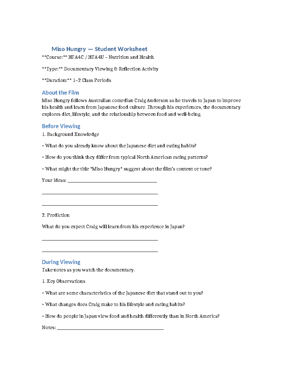 Miso Hungry Reflection Activity HFA4C HFA4U Nutrition & Health - Studocu