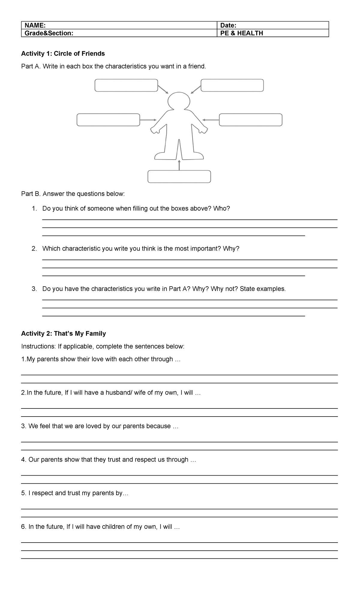 PE & Health 2nd Quarter Activity: Circle of Friends & Family - Studocu