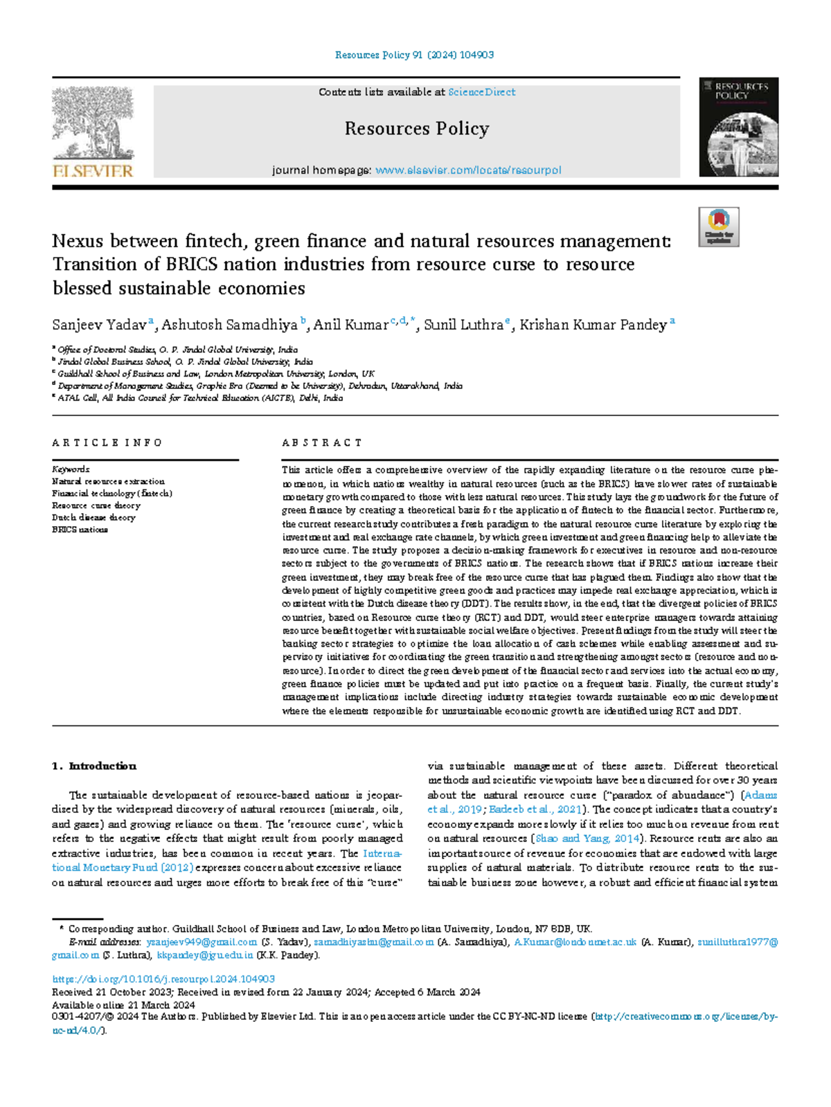 Nexus of Fintech, Green Finance & Resource Management in BRICS - Studocu