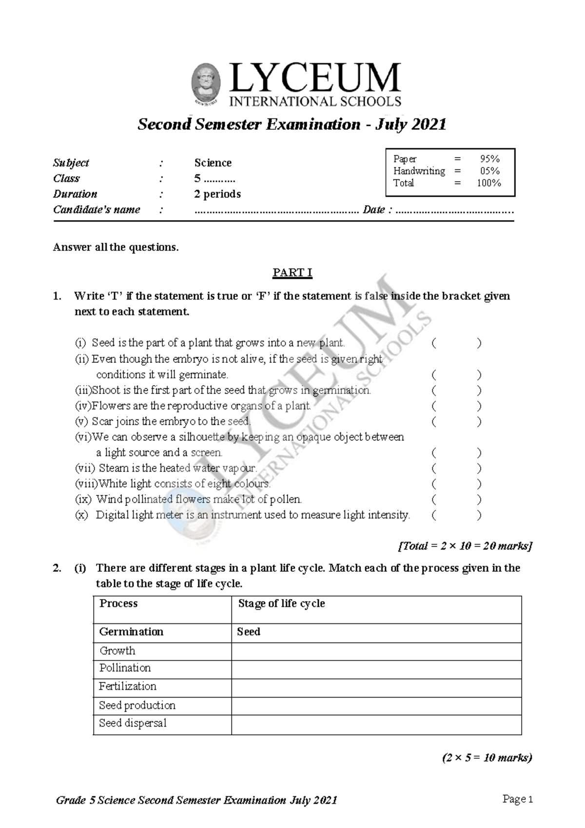 Grade 5 Science Second Semester Exam July 2021 - Paper Analysis - Studocu