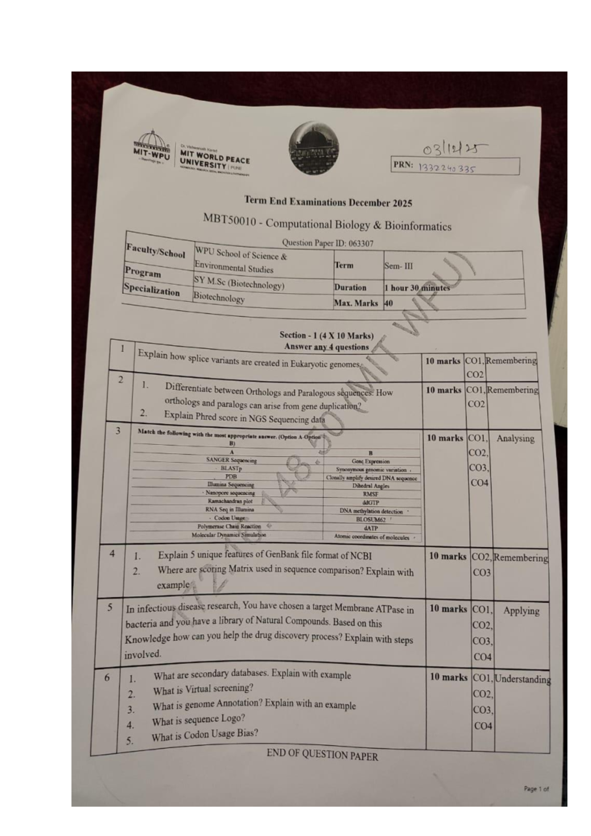 CBB - M.Sc. Biotechnology Mid-Sem Exam: Computational Biology ...