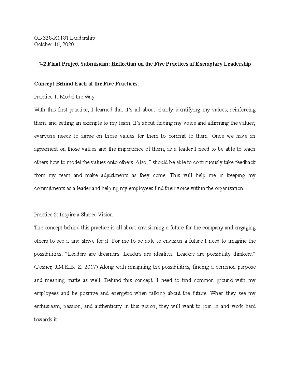 OL 328-X1181 Final Project: Reflection on Exemplary Leadership ...