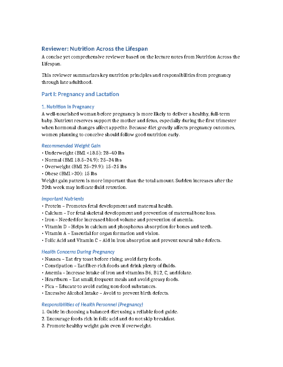 Nutrition Across the Lifespan: Comprehensive Reviewer Notes - Studocu