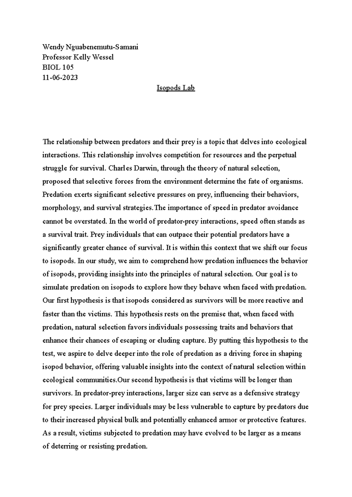 BIOL 105 Lab Report Proposal: Isopod Behavior Under Predation Study ...
