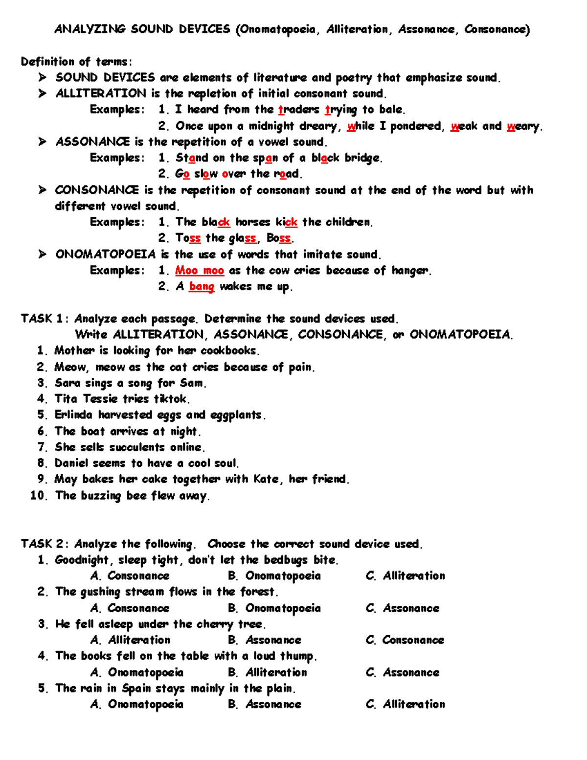 Analyzing Sound Devices: Onomatopoeia, Alliteration, Assonance, Consonance - Studocu