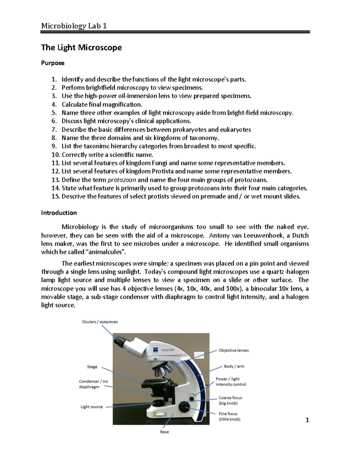 L1 The Microscope - Lab note procedure - The Light Microscope Purpose 1 ...