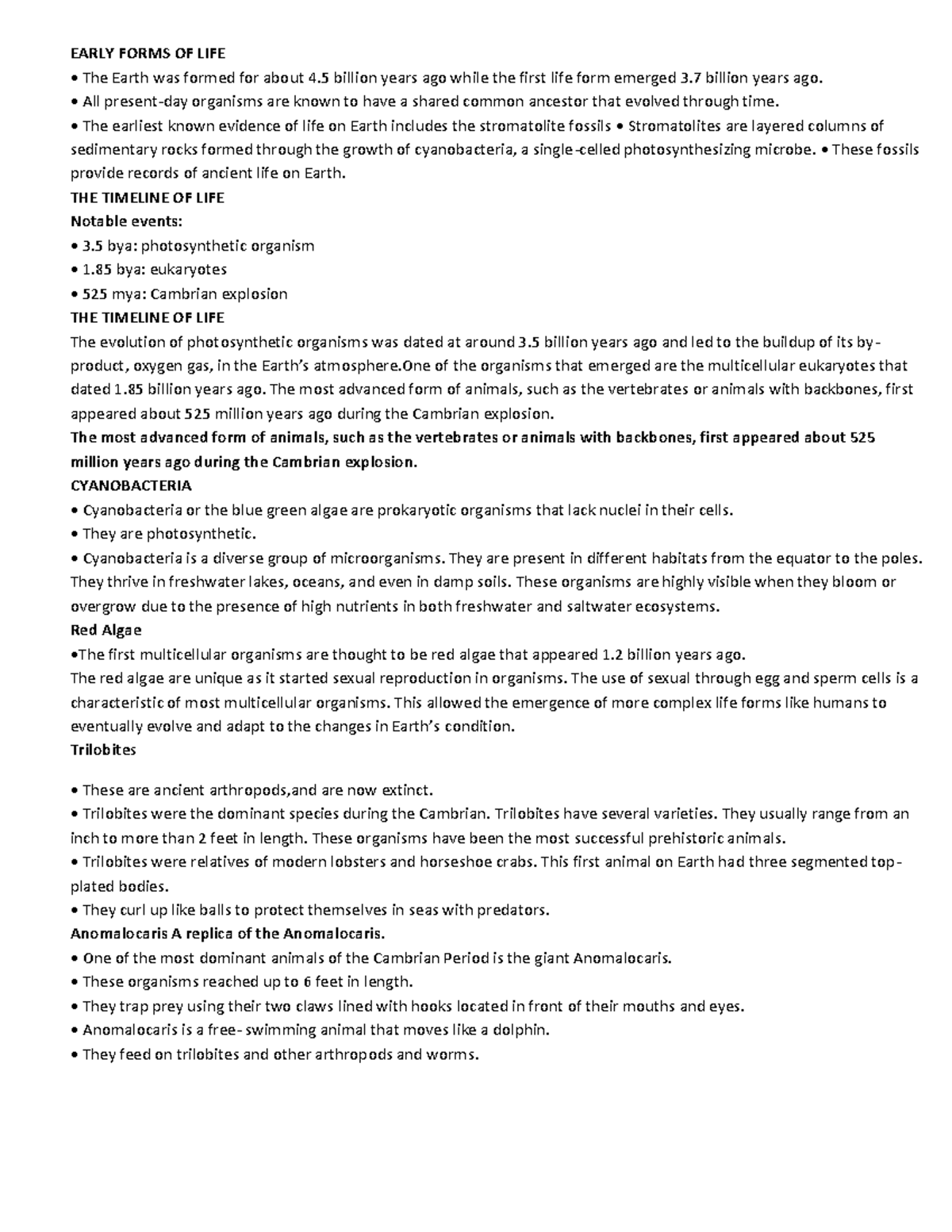 Early Forms of Life - BIO101 Lecture Notes on Evolution and Diversity ...