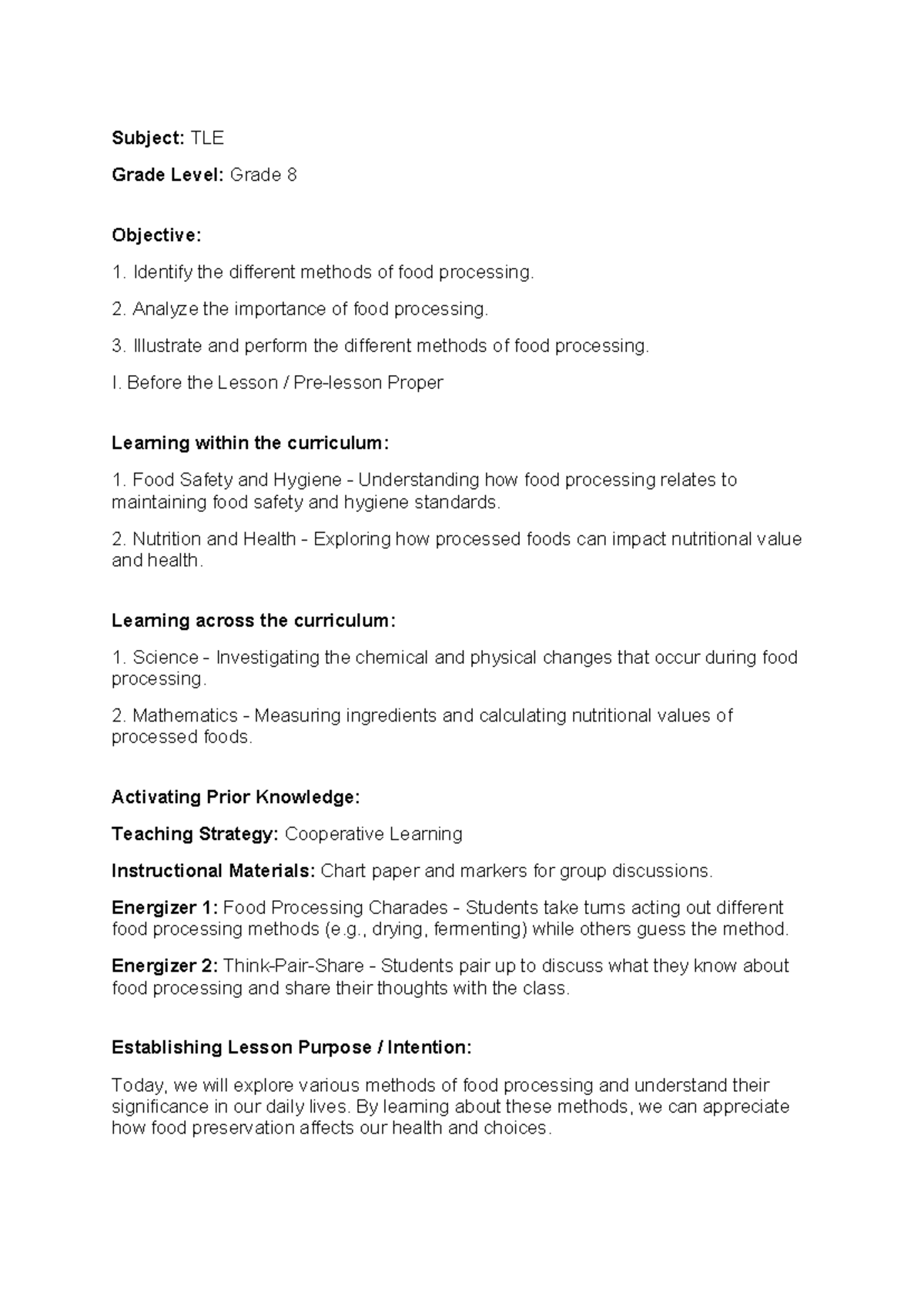 Lesson Plan: TLE - Food Processing Methods for Grade 8 - Studocu