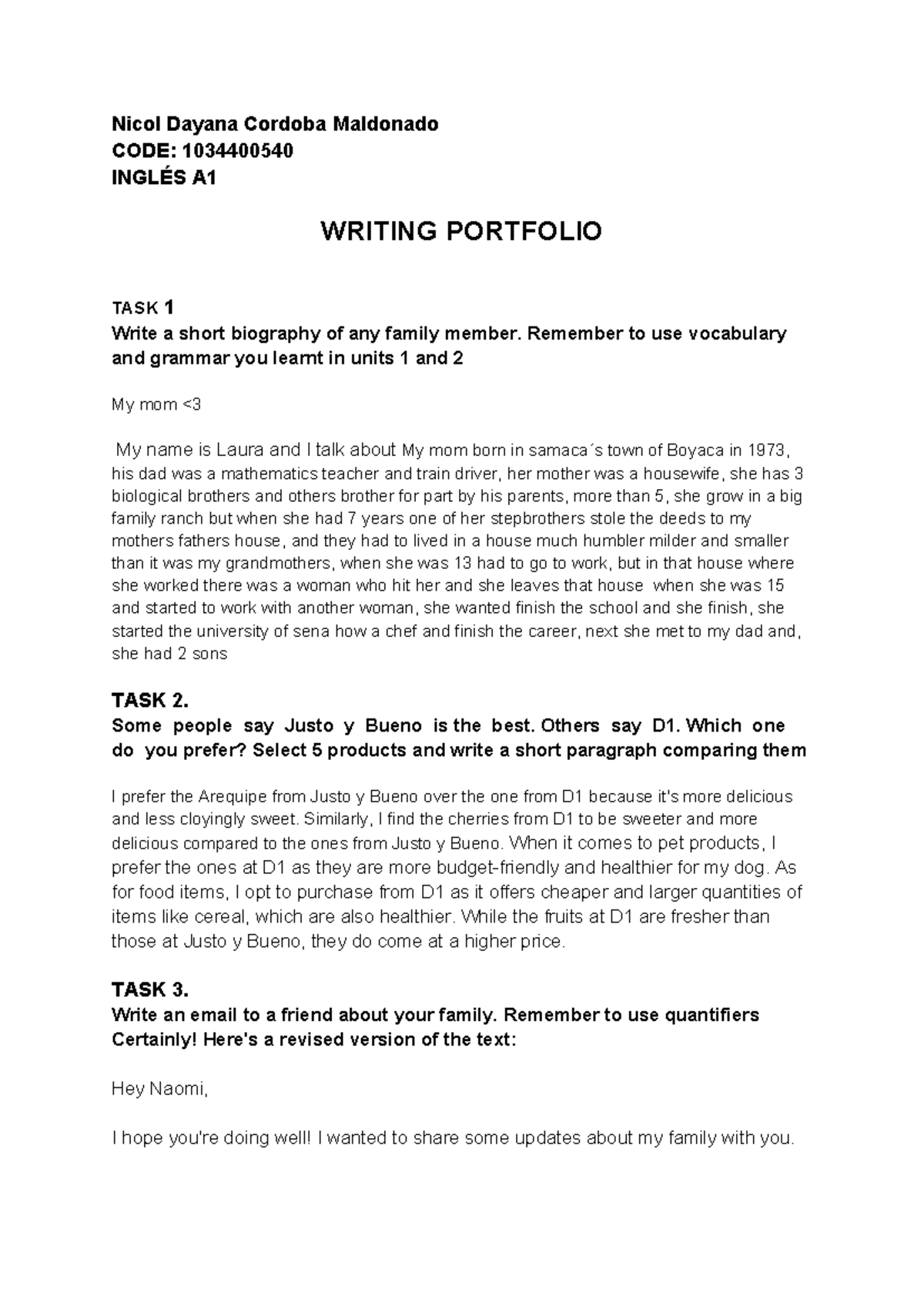 English A1 - Writing Portfolio Tasks 1 to 4 Overview - Studocu