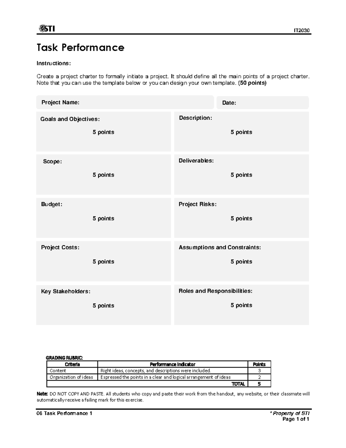 IT2030 Project Charter Creation Guidelines and Grading Rubric - Studocu