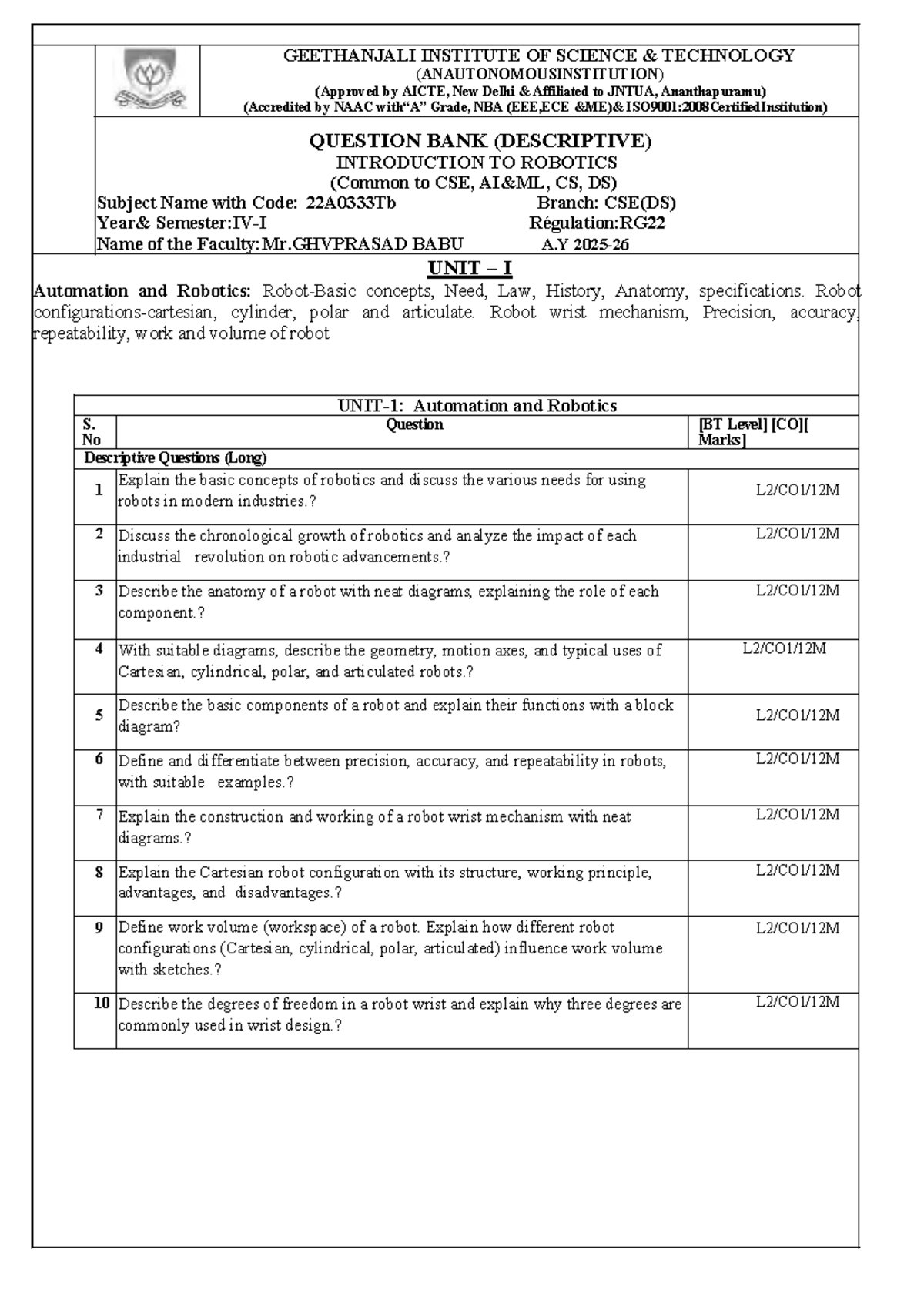 QUESTION BANK: INTRODUCTION TO ROBOTICS (CSE, CS, DS) - Studocu