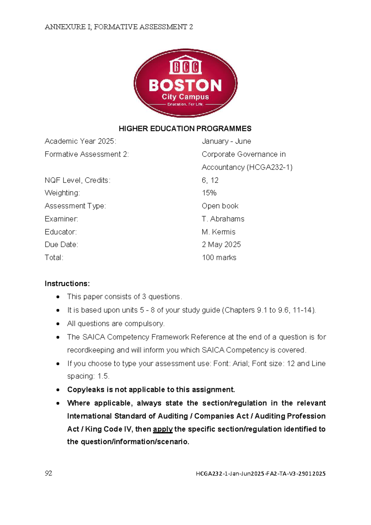 HCGA232-1 Corporate Governance FA2 Assessment Notes (Jan-Jun 2025 ...