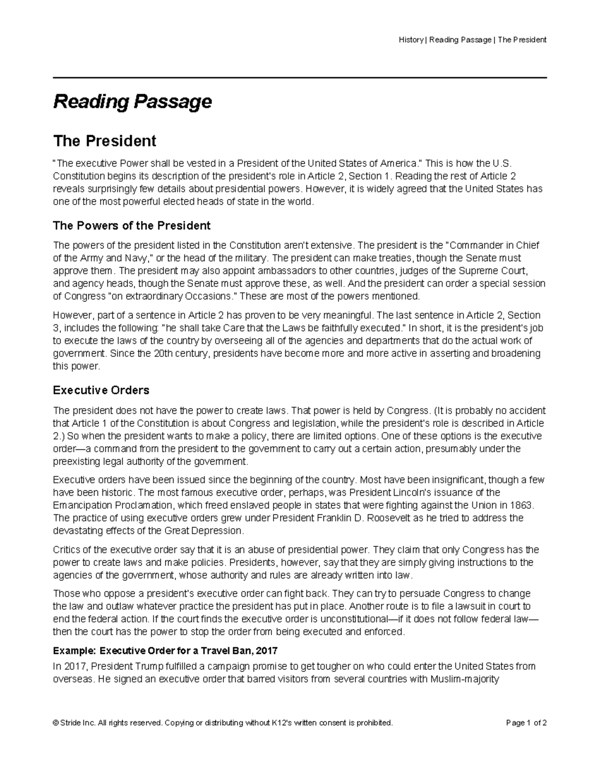 The President Article - N/A - History | Reading Passage | The President ...