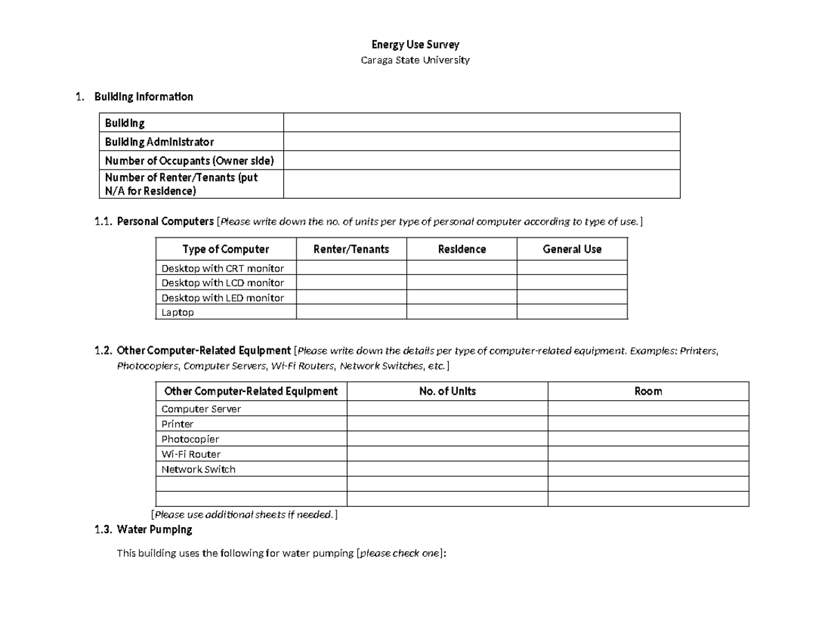 Energy Use Survey Form - Caraga State University - Studocu