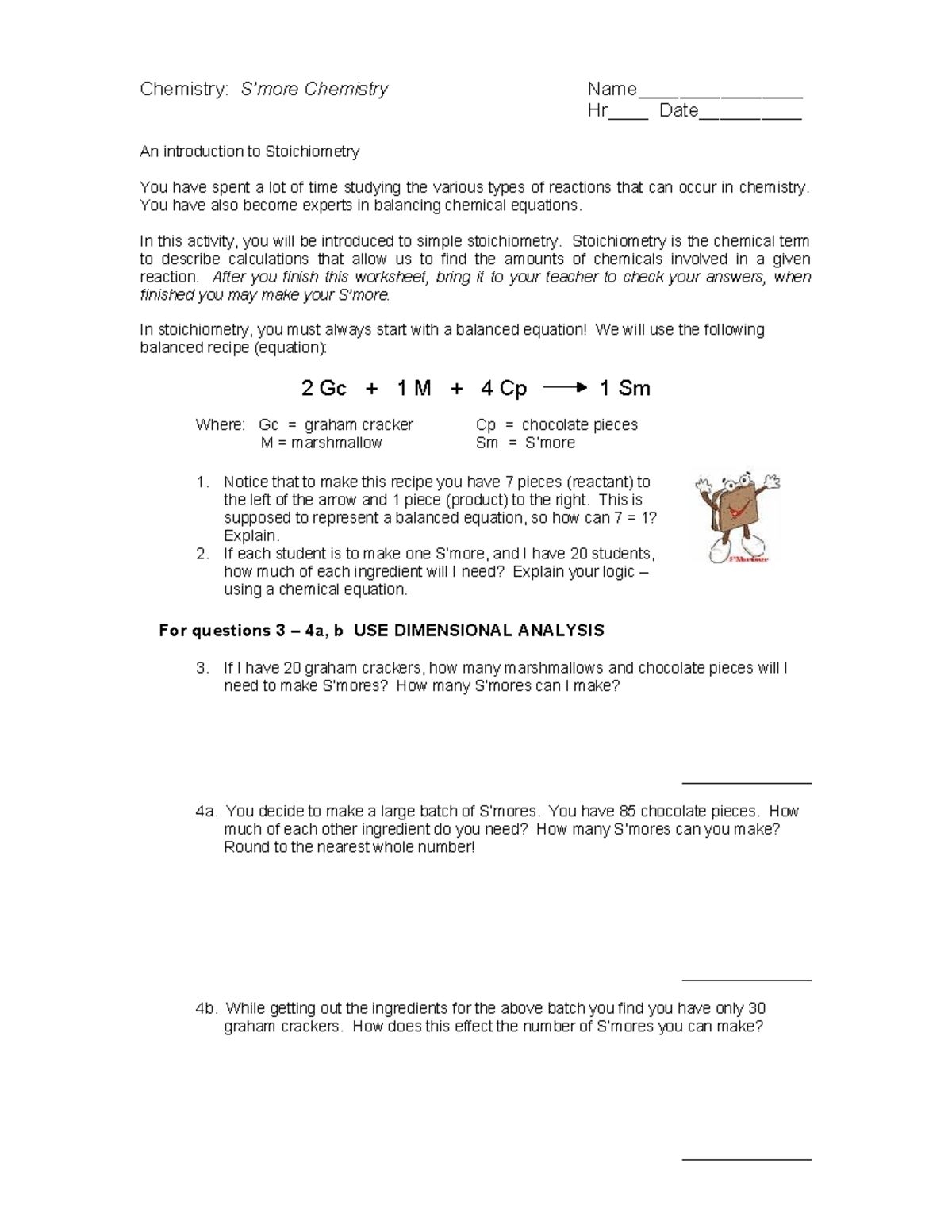 S'mores Chemistry Worksheet - Stoichiometry for Chem 101 - Studocu