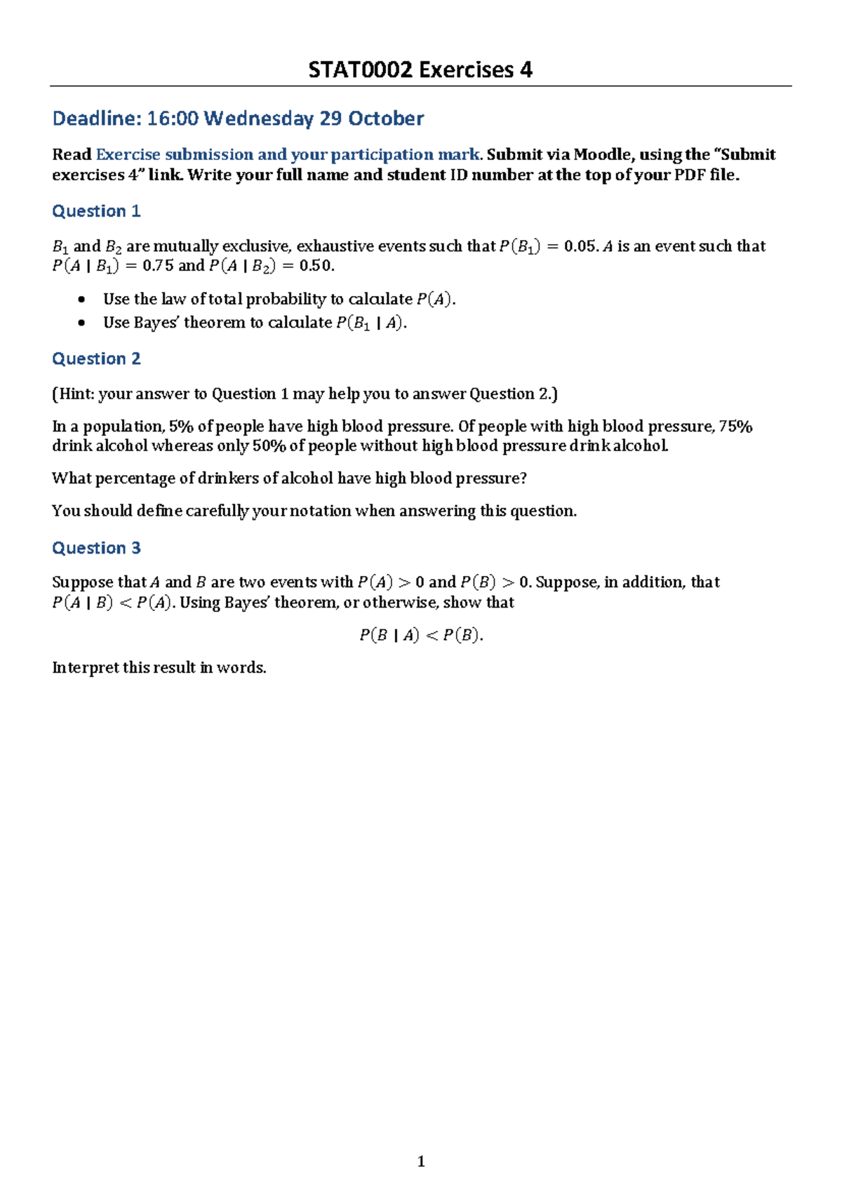 Exercises 4: Probability Questions and Submission Guidelines - Studocu