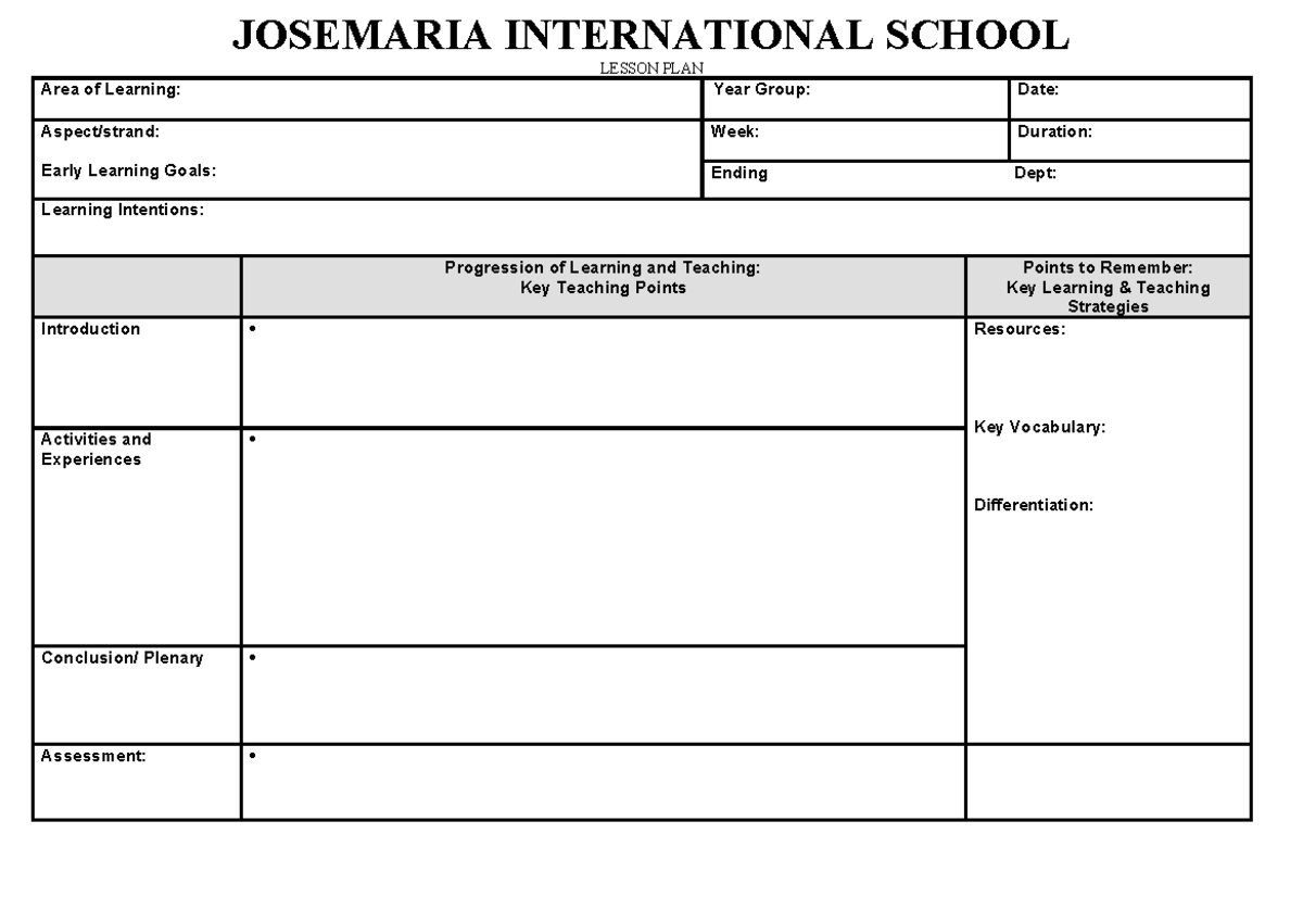EYFS Lesson Plan Template for Josemaria International School - Studocu