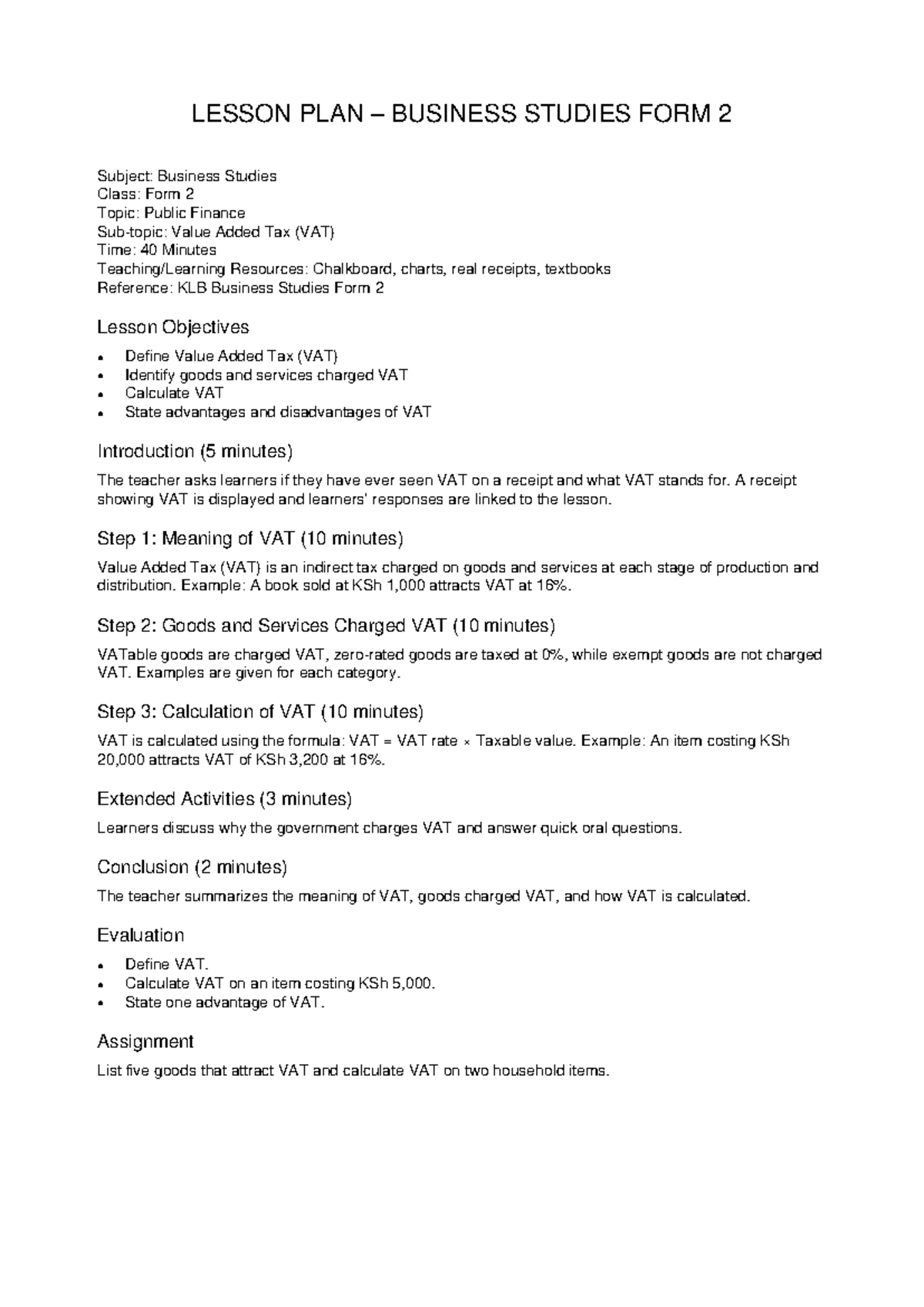 Business Studies Form 2 Lesson Plan: Understanding VAT - Studocu