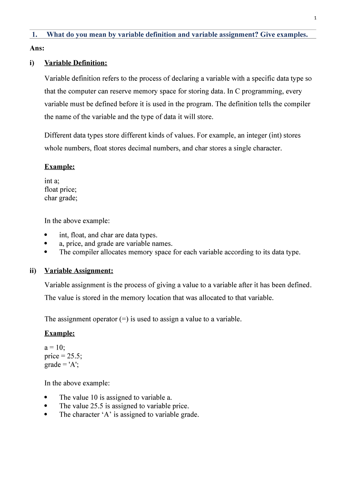 C Programming Concepts: Variable Definition, Assignment & Functions ...