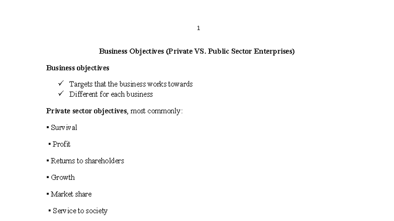 B.S. Notes 4: Business Objectives in Private vs. Public Sectors - Studocu