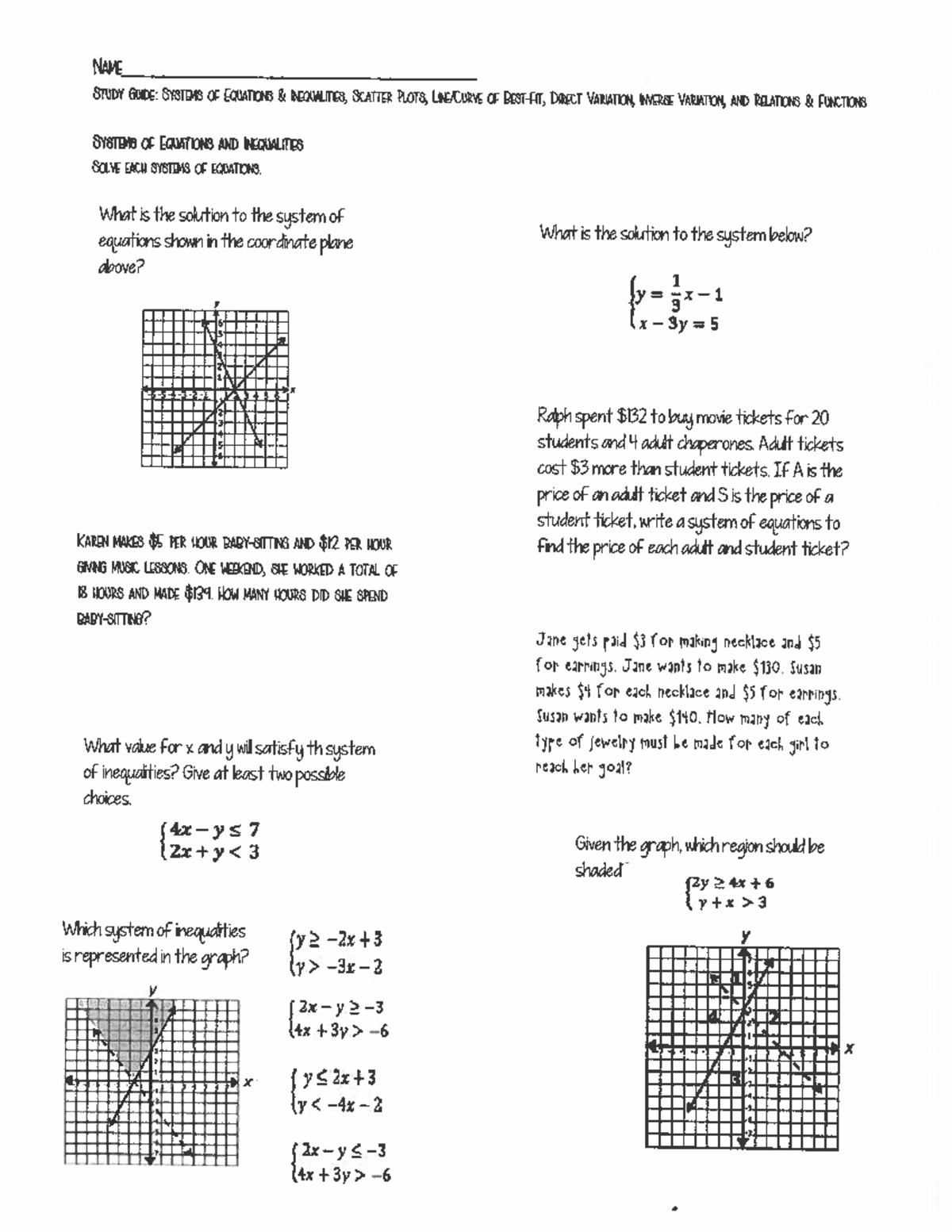 Study Guide: Systems of Equations & Inequalities, Scatter Plots ...