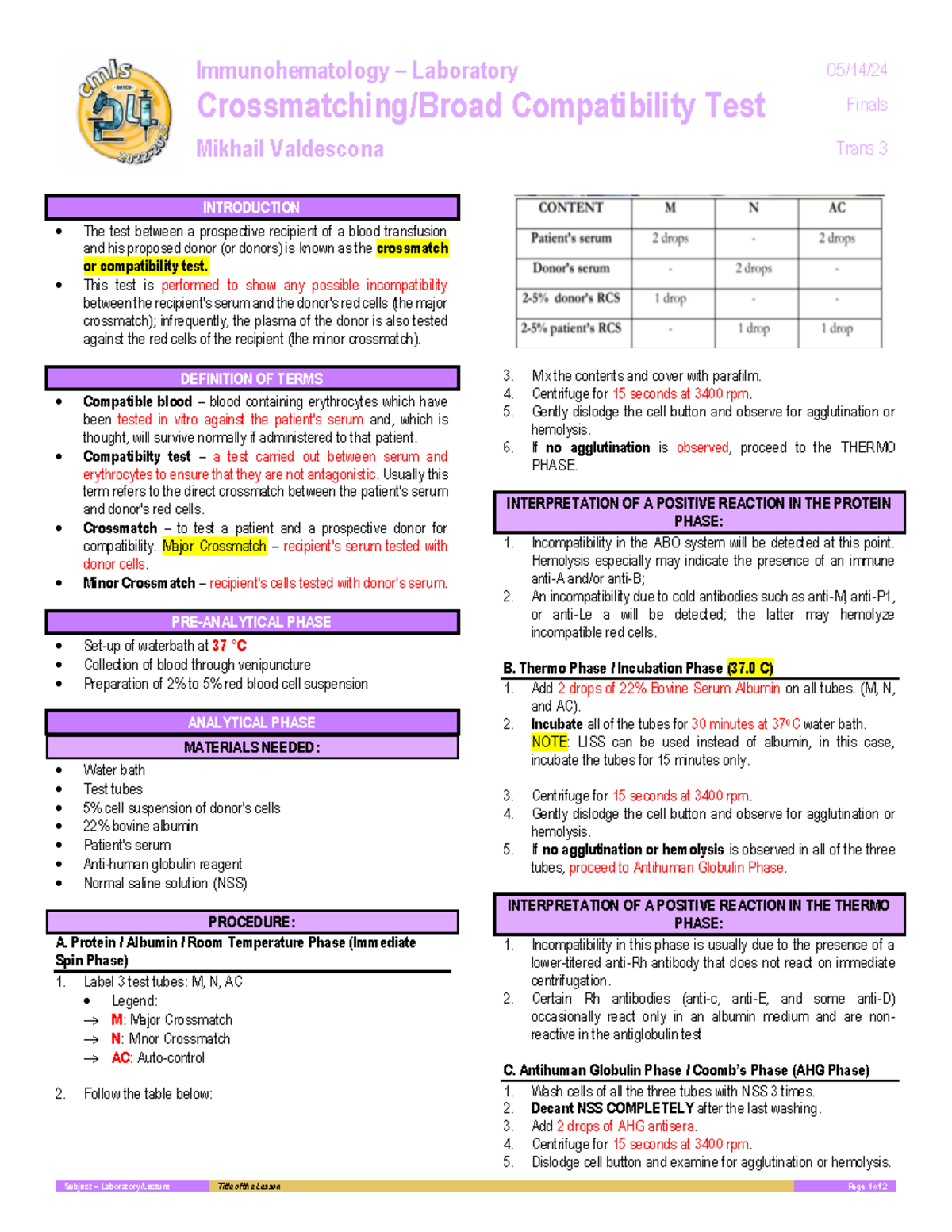 F T3 Immunohematology Lab Final Exam: Crossmatching Compatibility Test ...