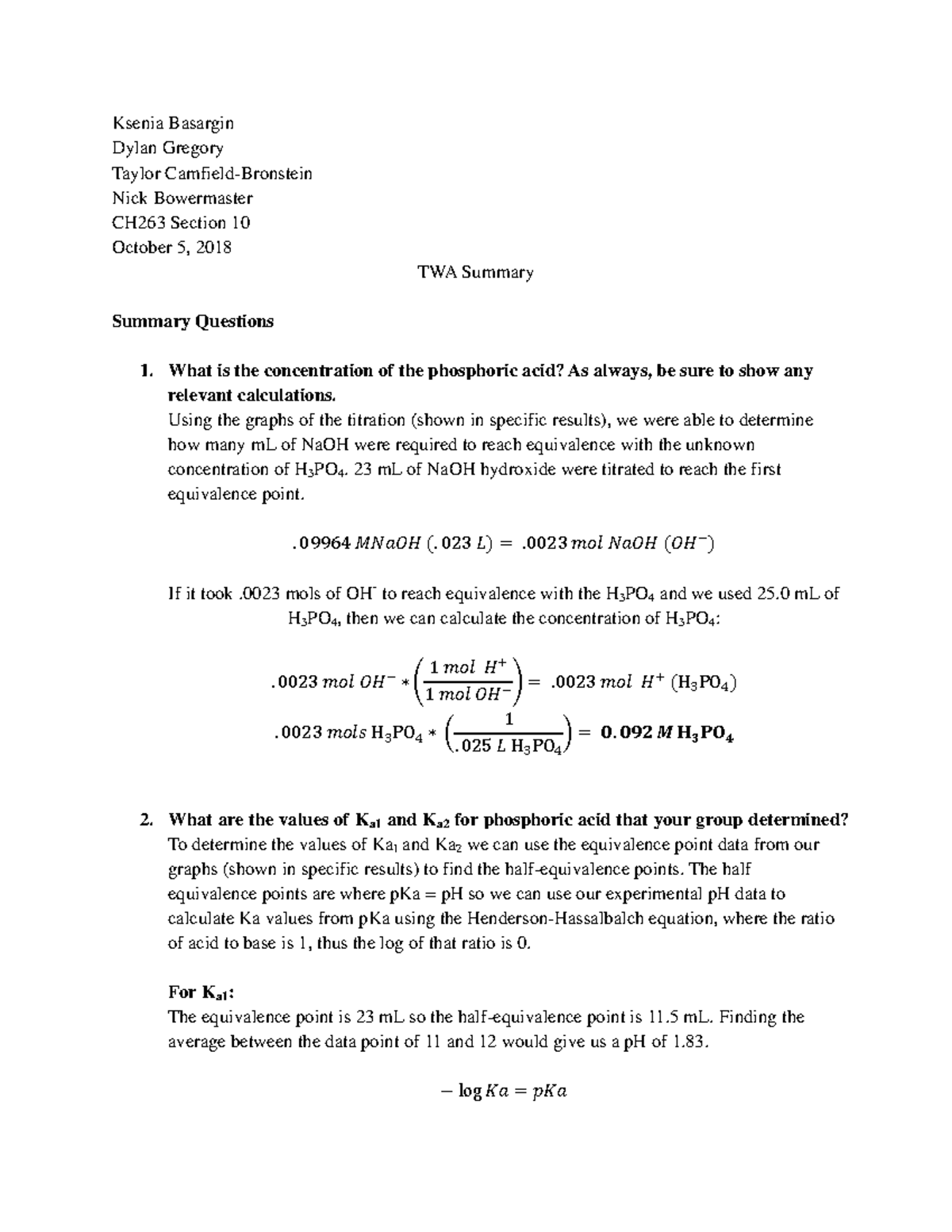 Titration Of Weak Acid Lab - Ksenia Basargin Dylan Gregory Taylor ...