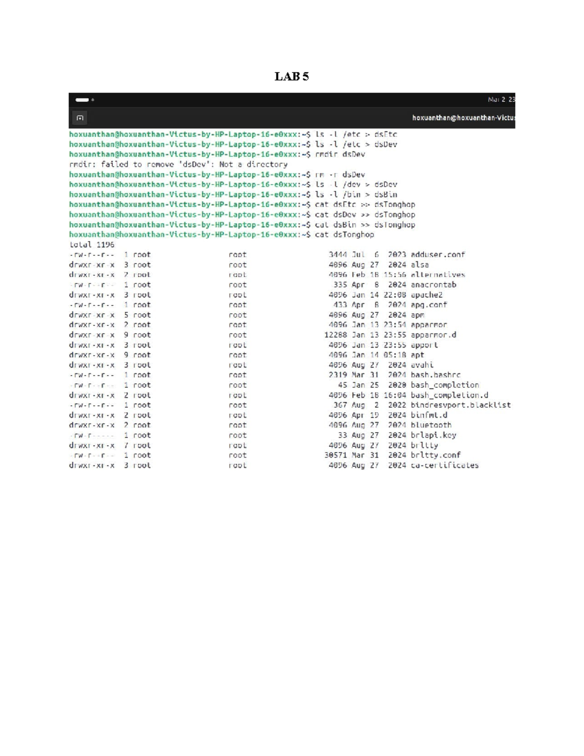 Hồ Xuân Thân - 0123767 - Lab5 - LAB : 5 Mar223 ls dsEtc ls dsDev rmdir dsDev rmdir: failed to ...