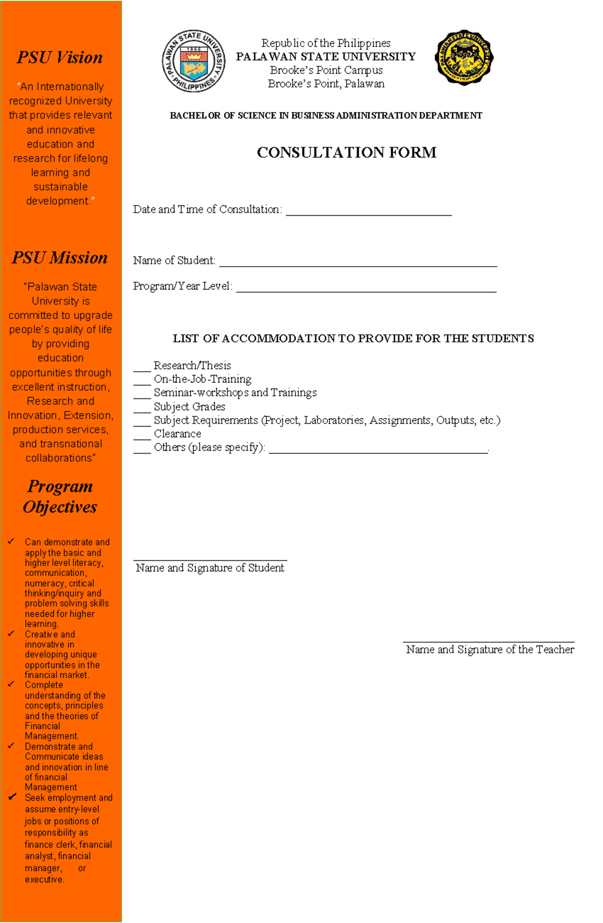 BSBA-Consultation-form - Republic of the Philippines PALAWAN STATE ...