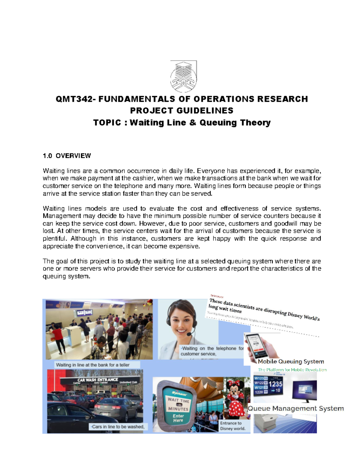 QMT342 Project Guidelines: Analyzing Waiting Line Queuing Theory - Studocu