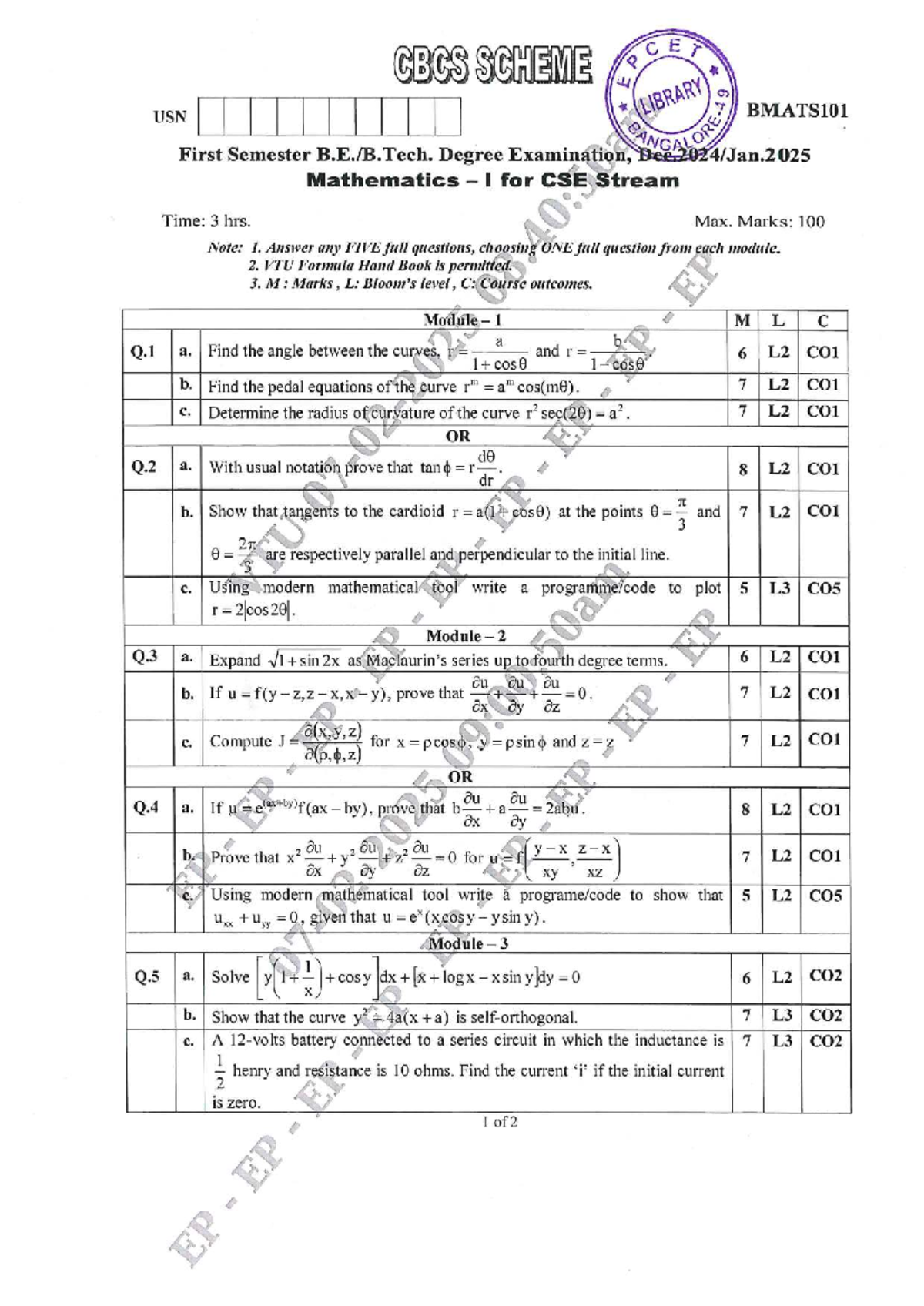 BMATS101 First Sem Degree Math I Exam Notes for CSE Stream - Studocu