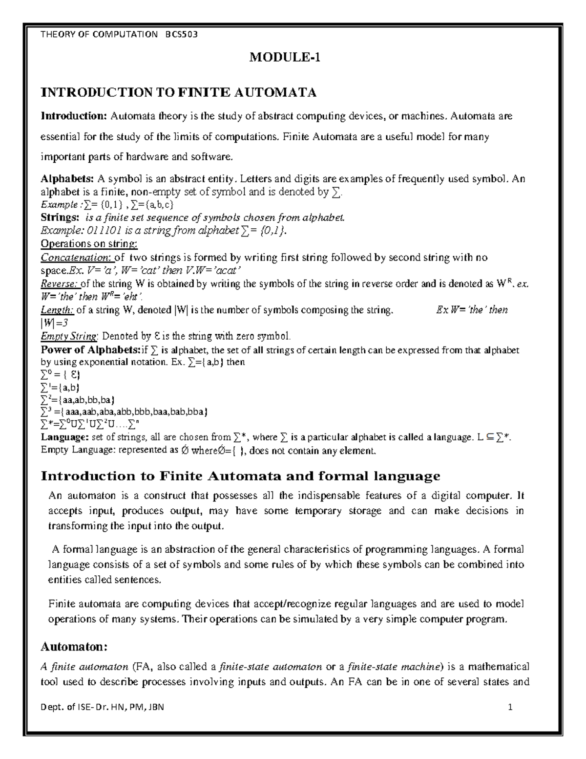 Introduction to Finite Automata - TOC Module 1 Notes - Studocu