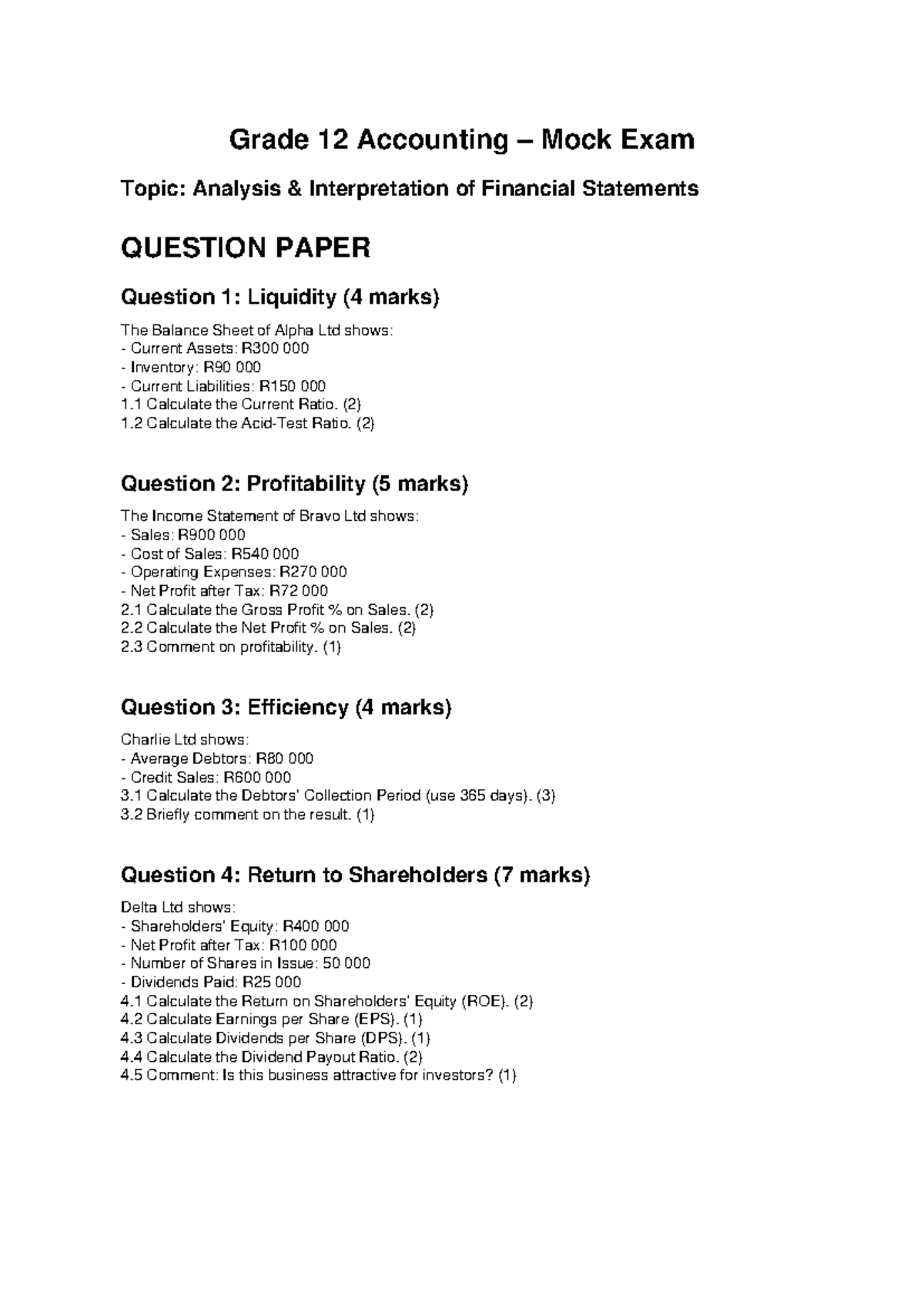 Grade 12 Accounting Mock Exam: Analysis of Financial Statements - Studocu