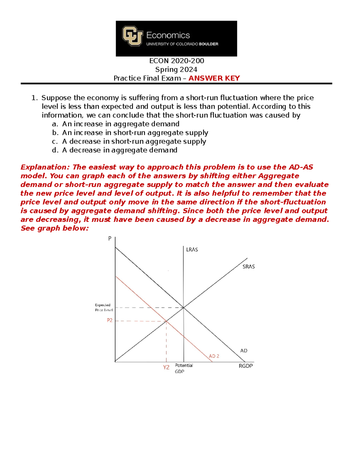 ECON 2020-200 SP24 Practice Final Exam - Answer Key - ECON 2020- Spring ...