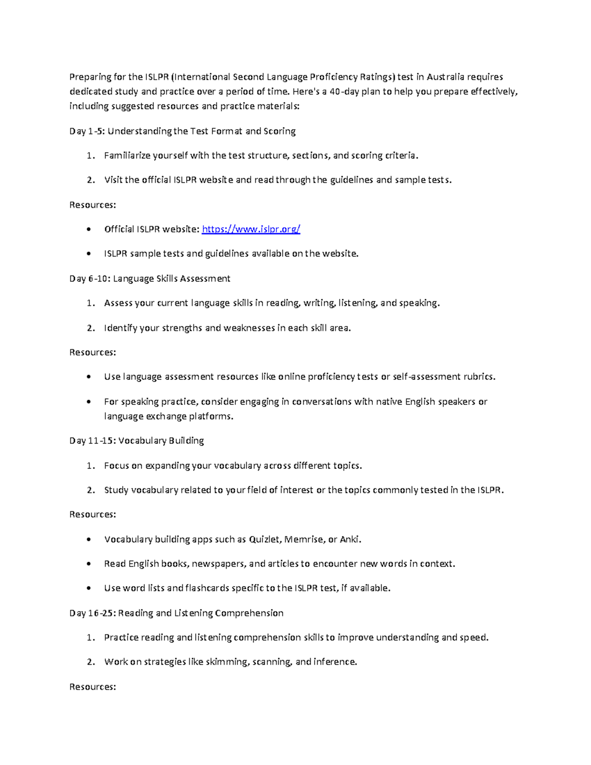 Effective 40-Day Prep Plan for the ISLPR Test in Australia - Studocu
