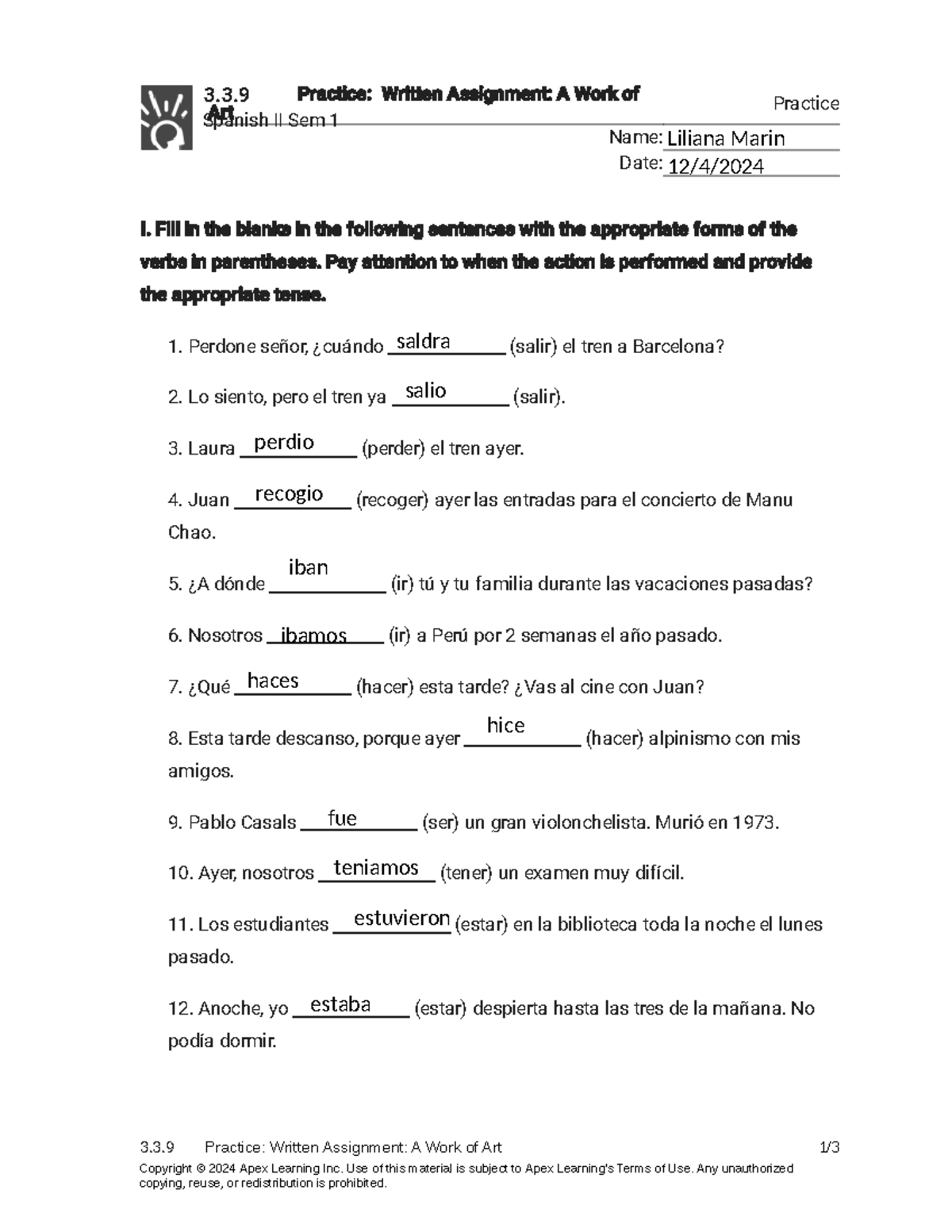 3.3.9 Written Assignment A Work of Art - Spanish II Practice - Studocu