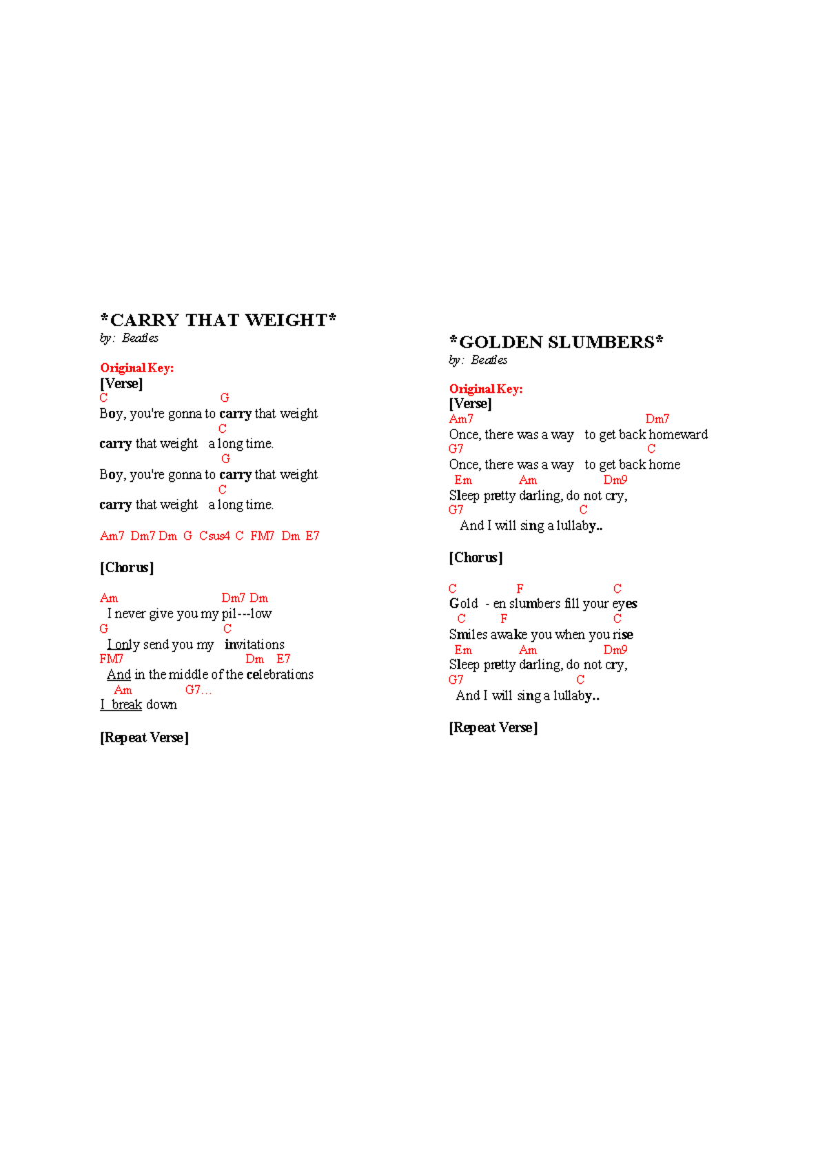 THAT : Beatles : Golden Slumbers & Carry That Weight Chords - Studocu