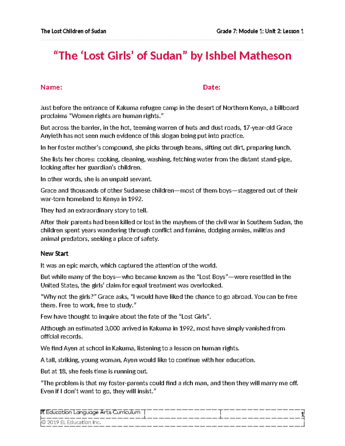 G7M1 Unit 2, Lesson 1: The 'Lost Girls' of Sudan by Ishbel Matheson ...