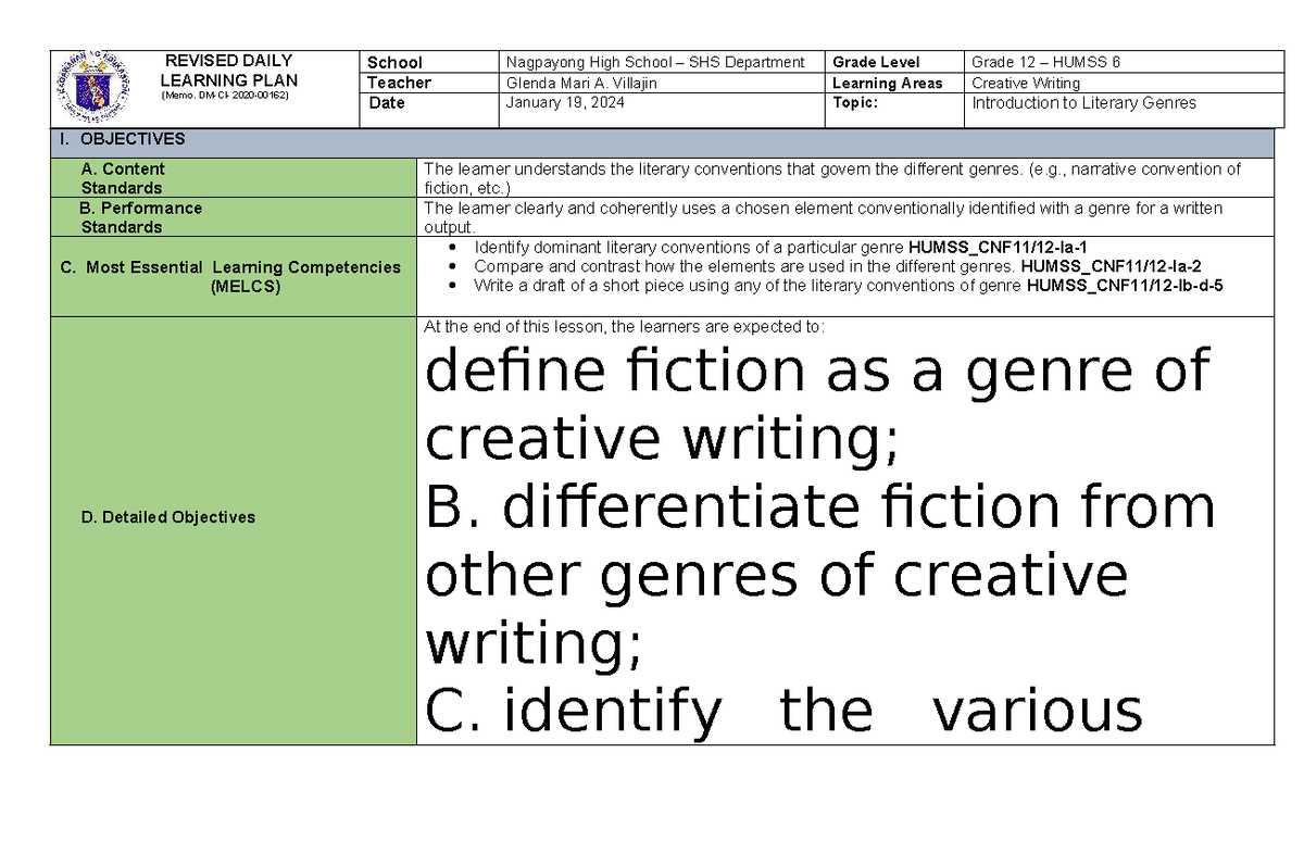 COT2-DLP: Grade 12 HUMSS 6 Creative Writing - Literary Genres Plan ...