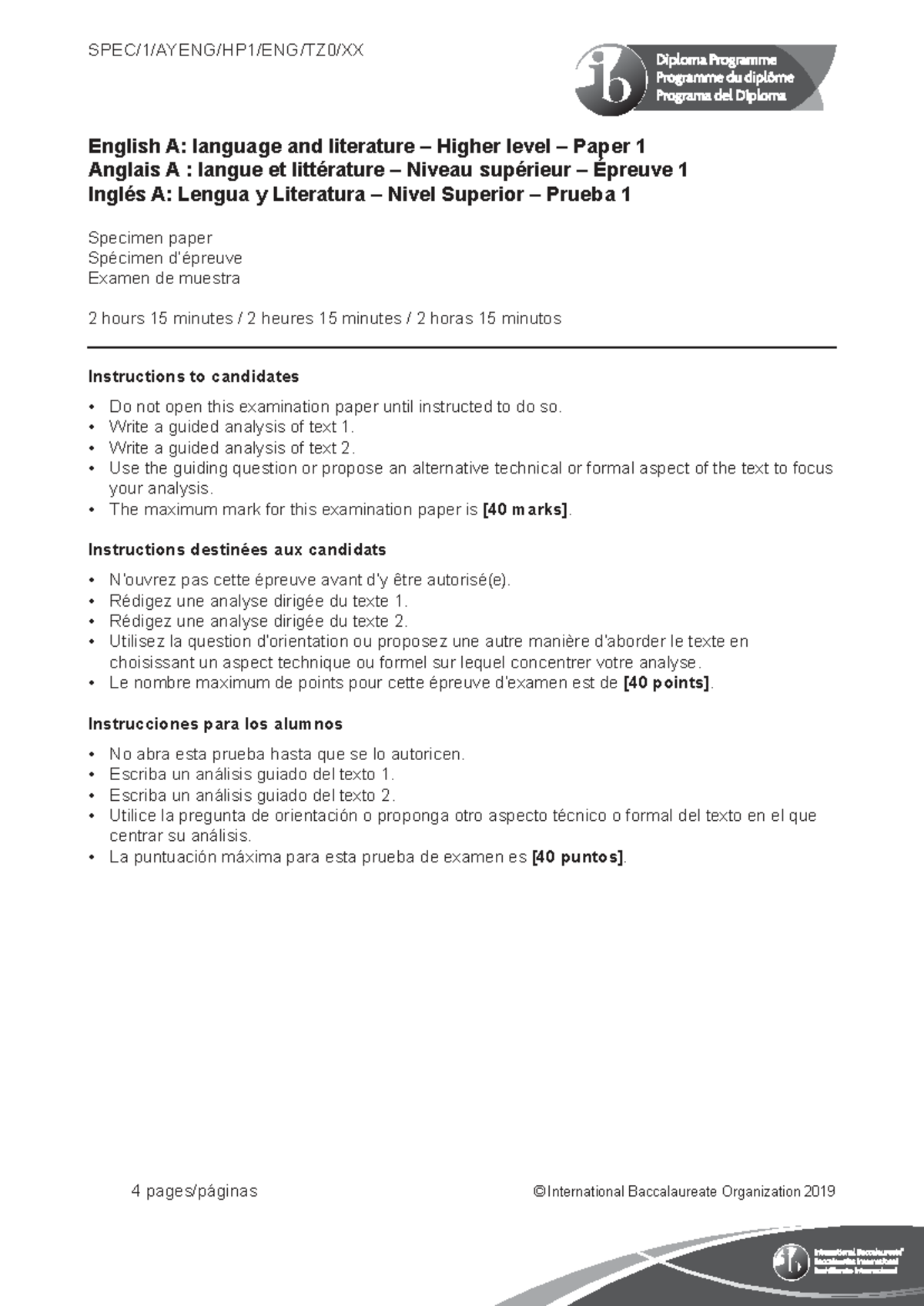 English A: Language and Literature HL Paper 1 Specimen Analysis Guide ...