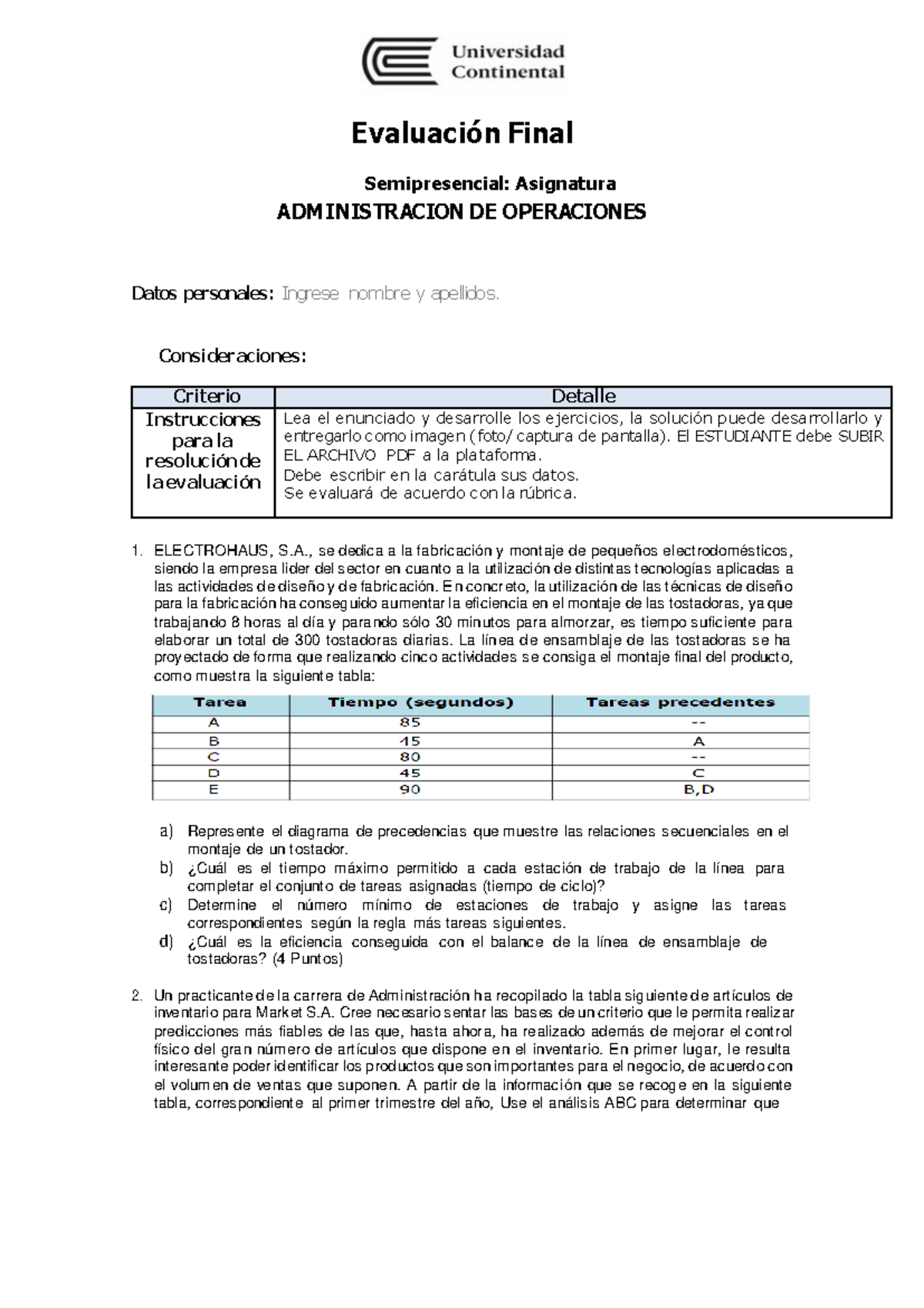 Evaluación Final: Administración de Operaciones - Studocu